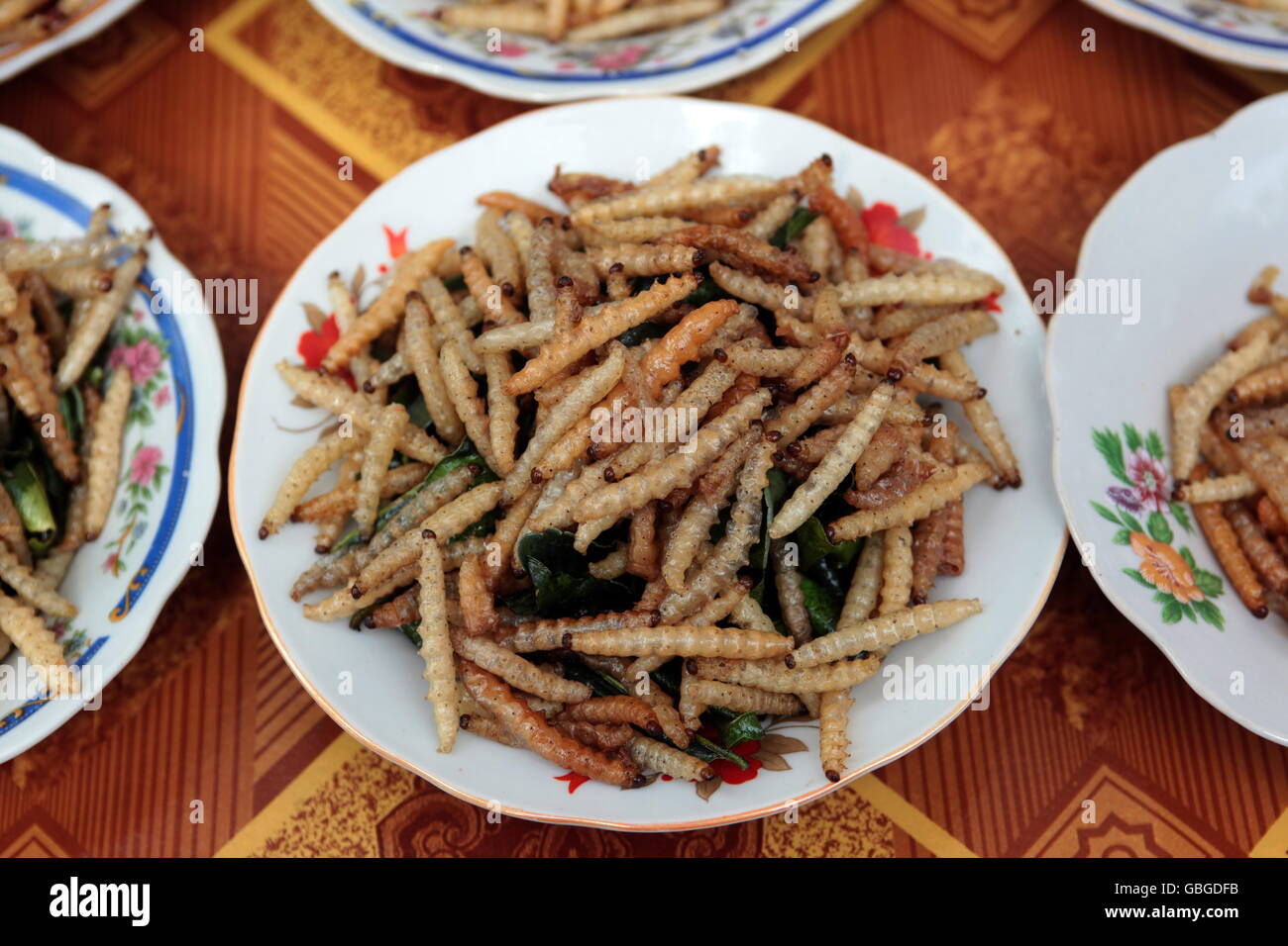 fry insects at a traditional Market in the city of Vientiane in Lao in ...