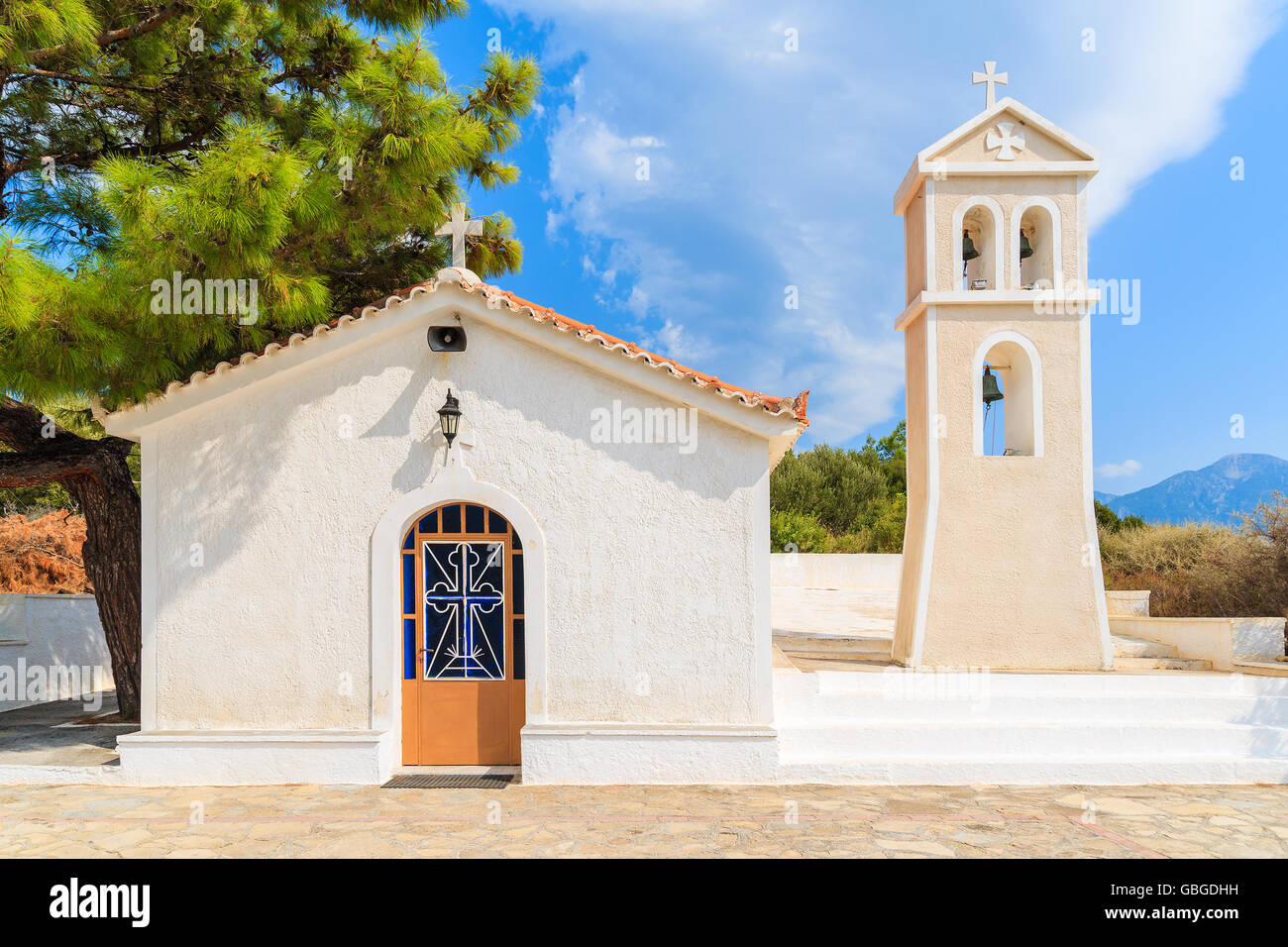 Beautiful typical white Greek church on Samos island, Greece Stock ...