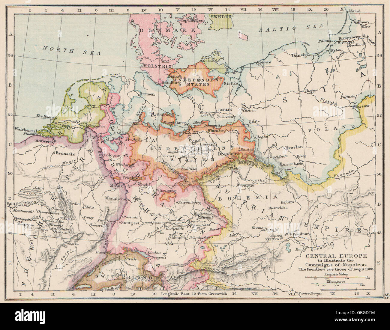 CENTRAL EUROPE:illustrating Napoleon's campaigns.1806 frontiers.Battles ...