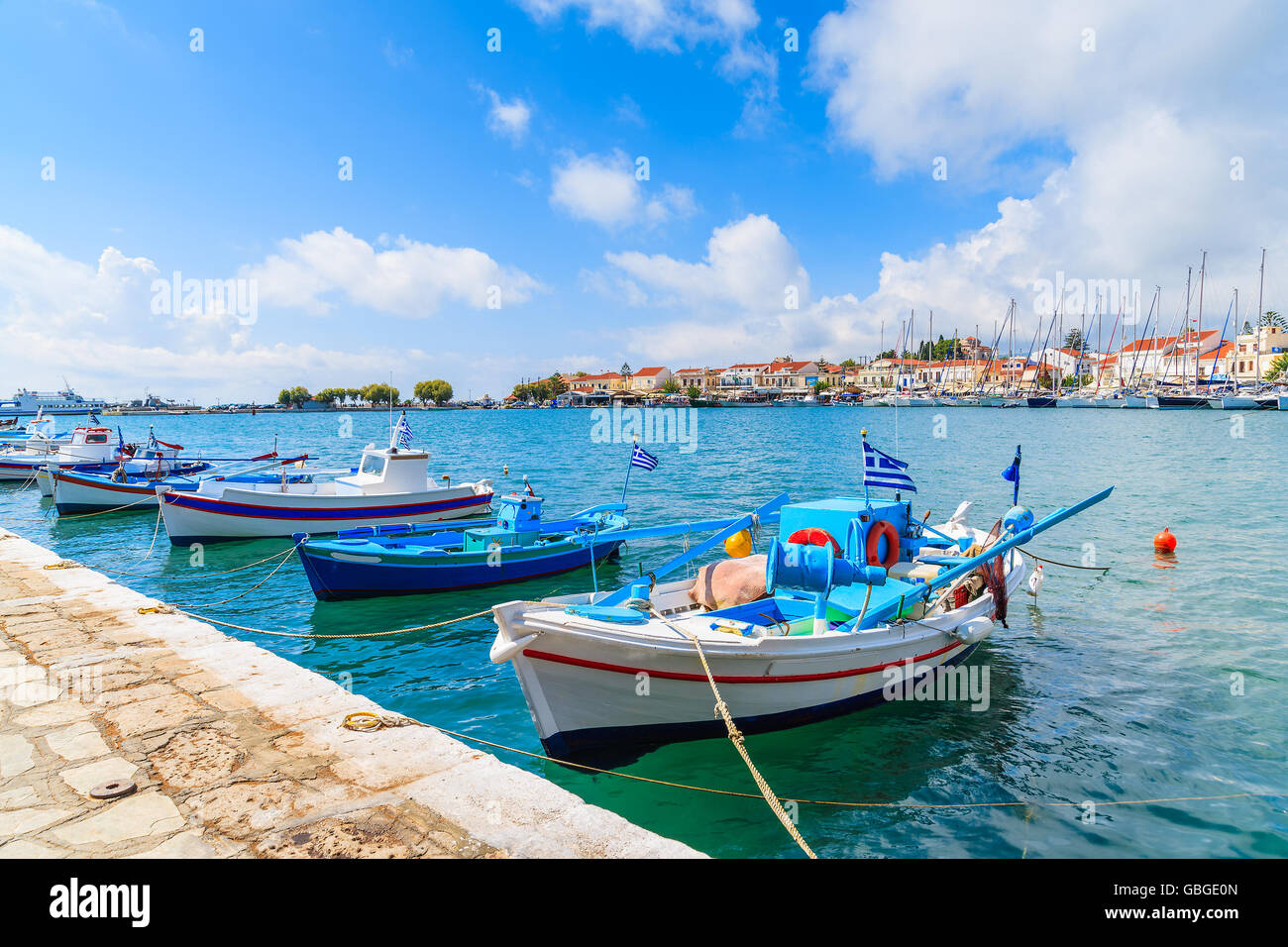 Typical colorful Greek fishing boats in Pythagorion port on Samos ...