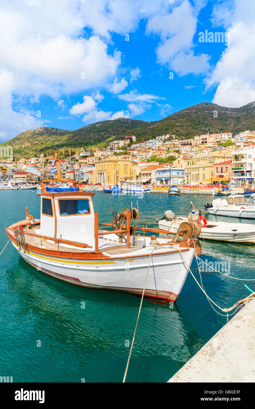 Traditional Greek fishing boat in Samos port, Samos island, Greece ...