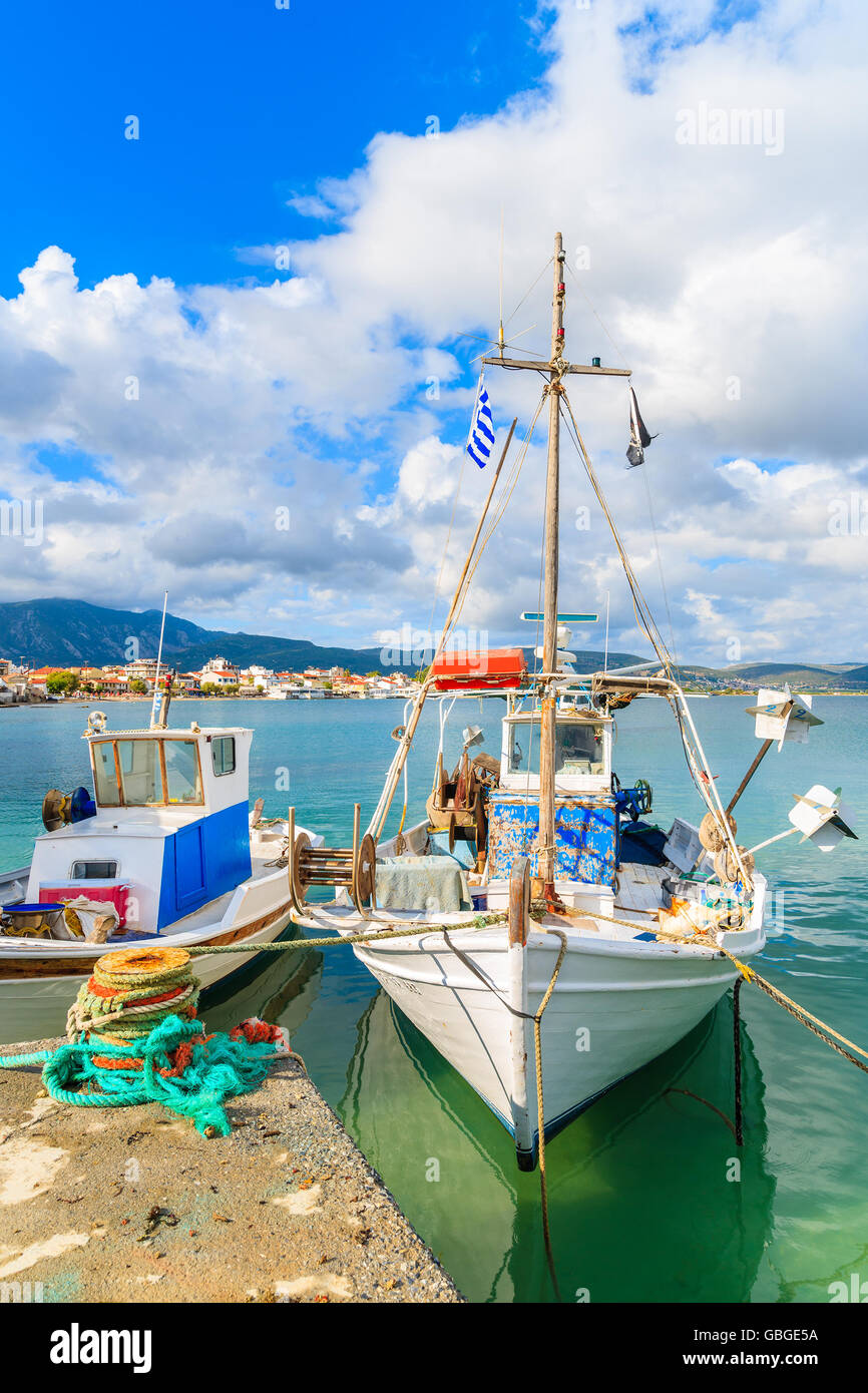 Typical Greek fishing boat in port on Samos island, Greece Stock Photo ...