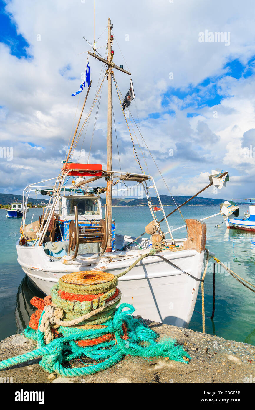 Traditional Greek fishing boat in port on Samos island, Greece Stock ...