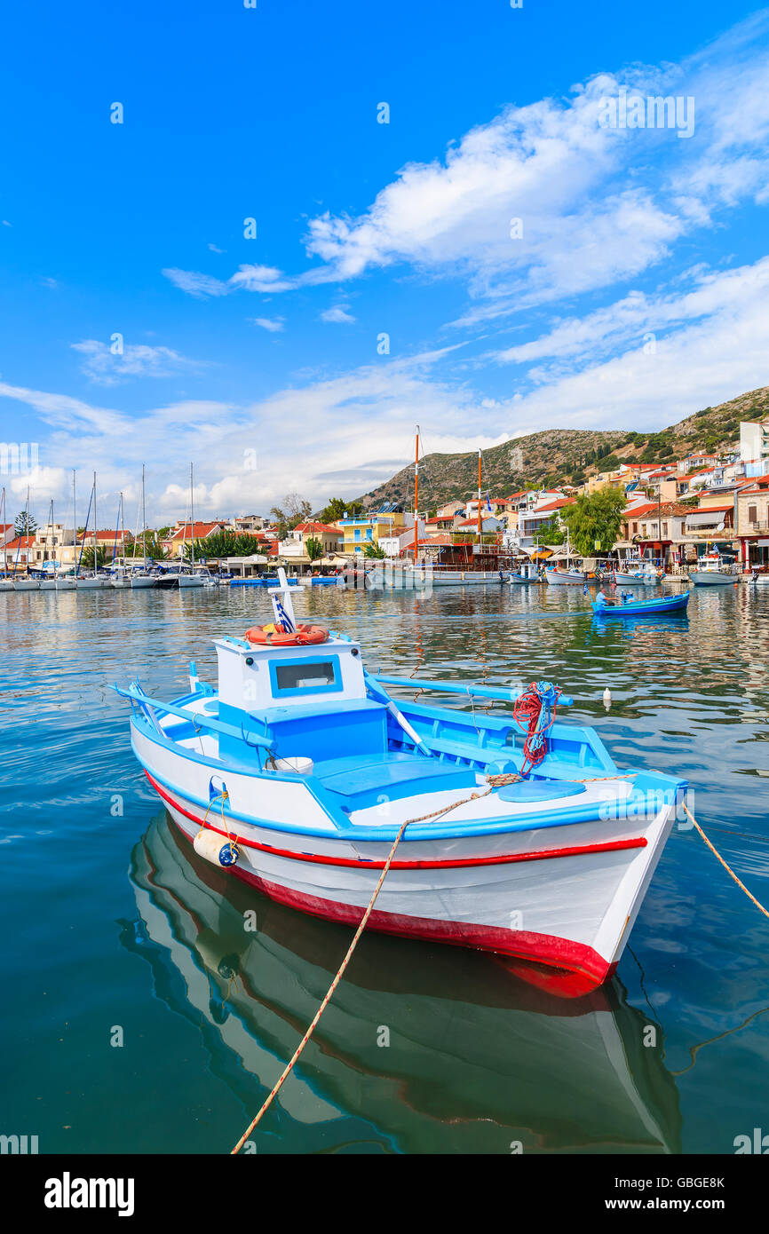 Traditional colourful Greek fishing boat in Pythagorion port, Samos ...