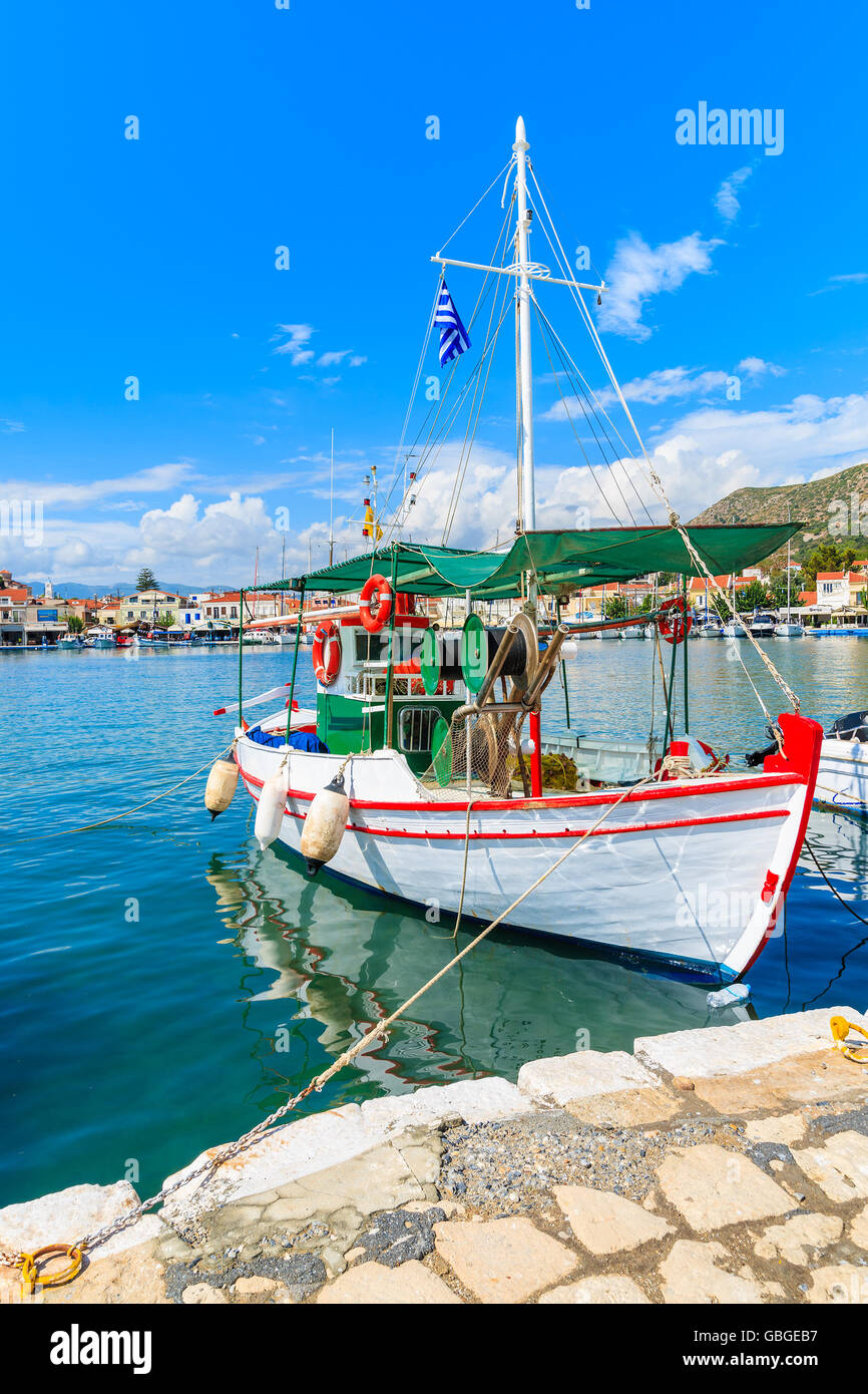 Traditional colourful Greek fishing boat in Pythagorion port, Samos ...