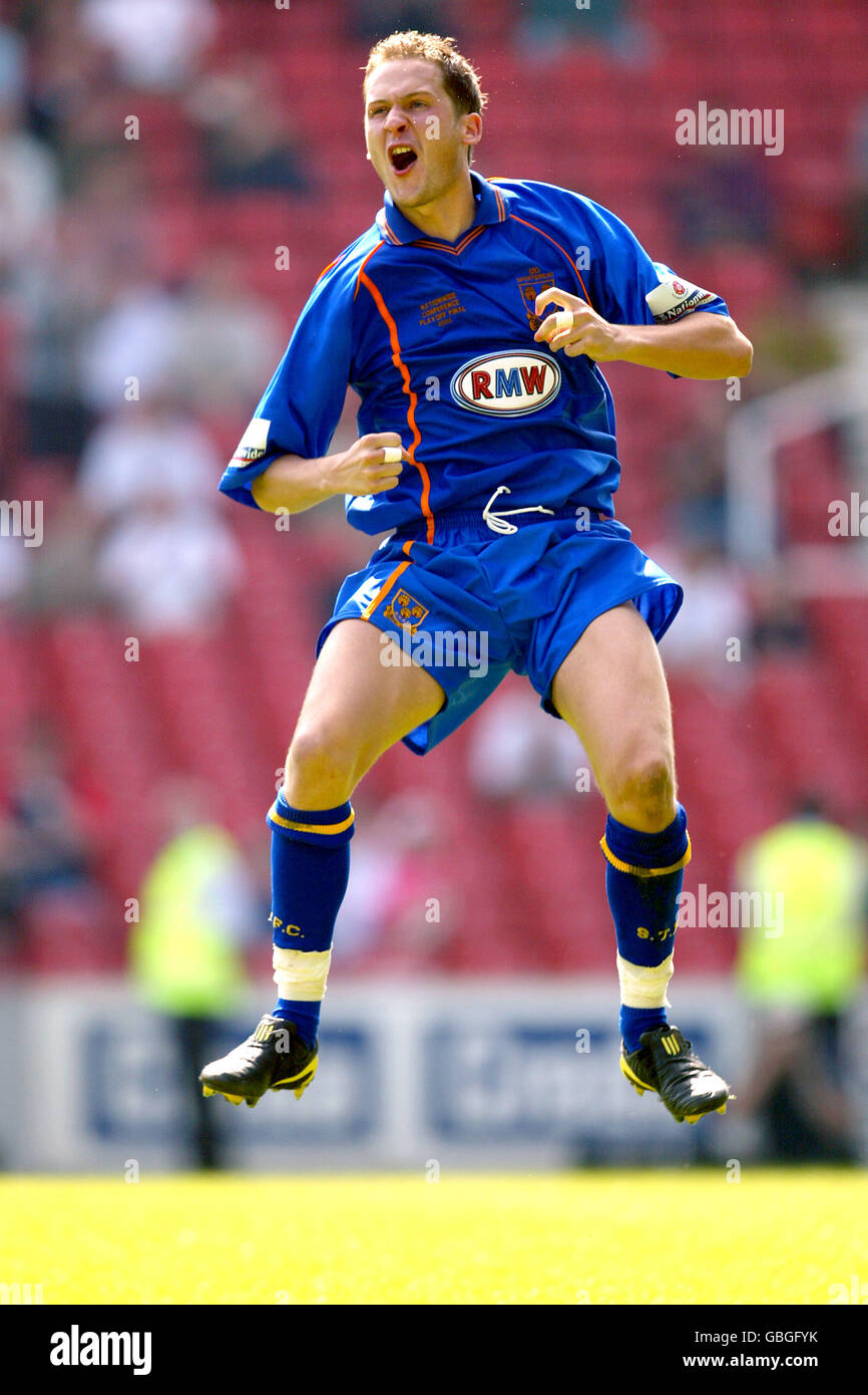 Shrewsbury Town's Jake Sedgemore celebrates after the penalty shootout ...