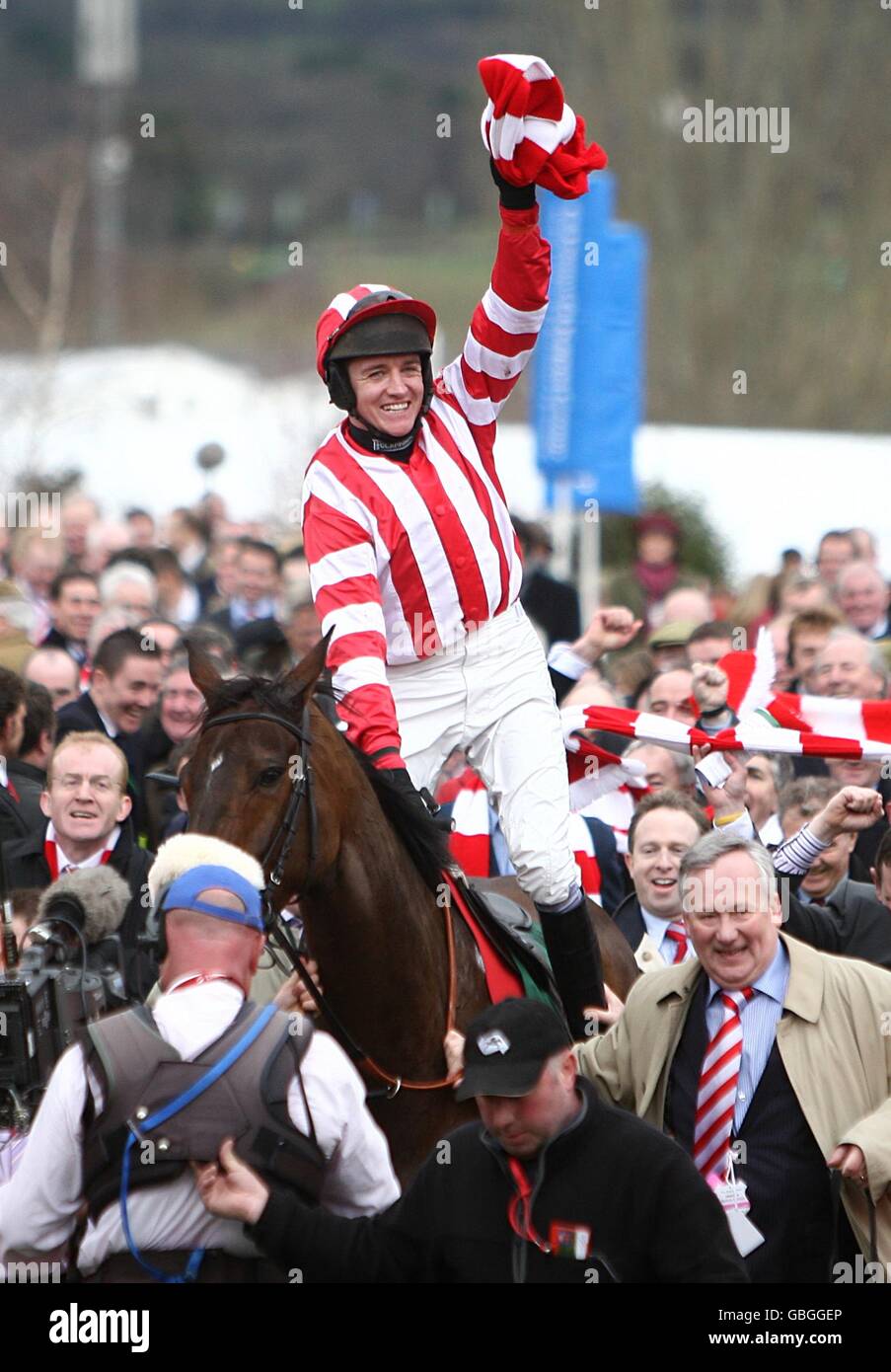 Jockey Barry Geraghty celebrates winning the Irish Independent Arkle ...