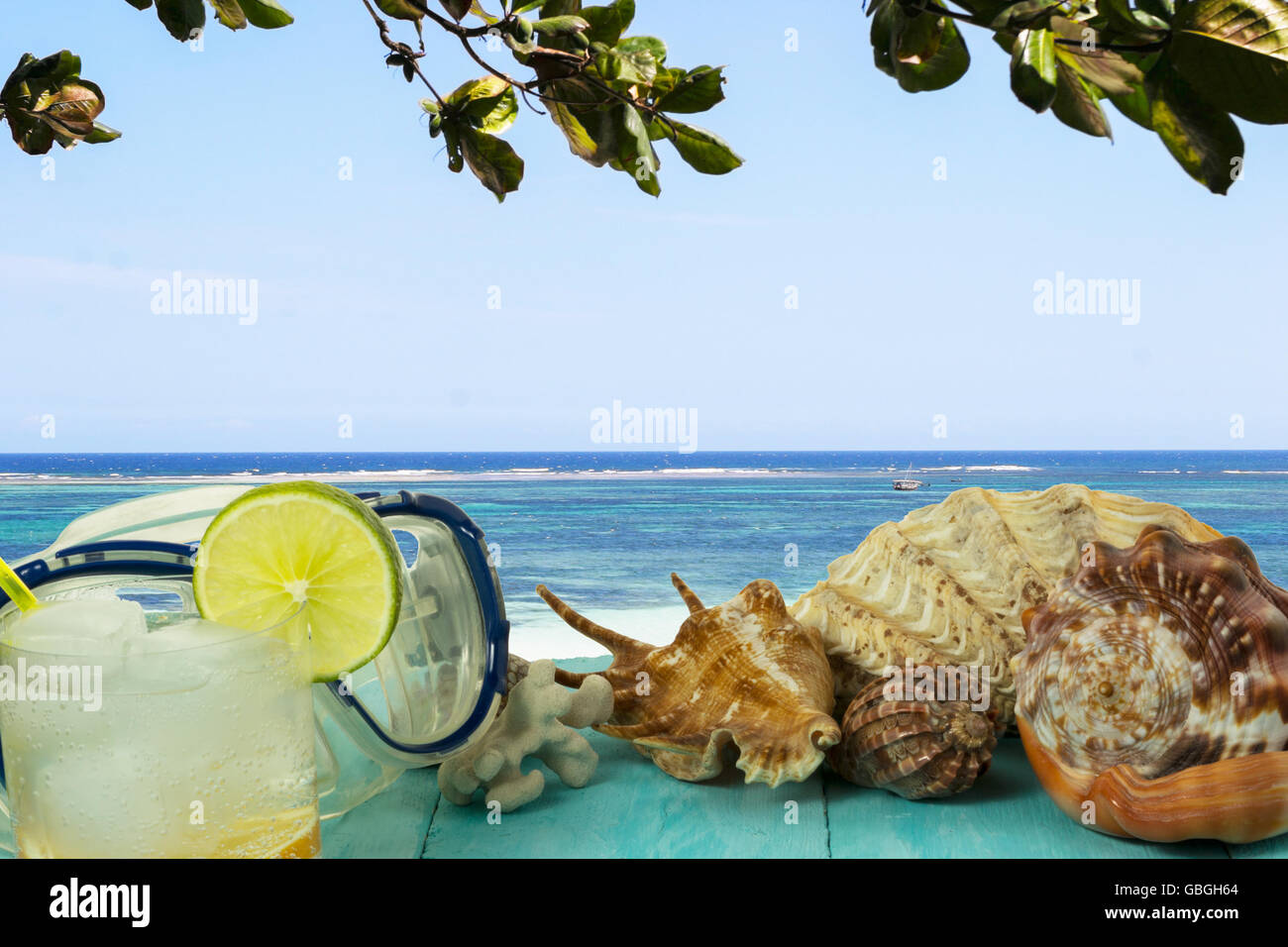Sea view and beach cocktail. Beach drink. Tropical relax. Beach ...