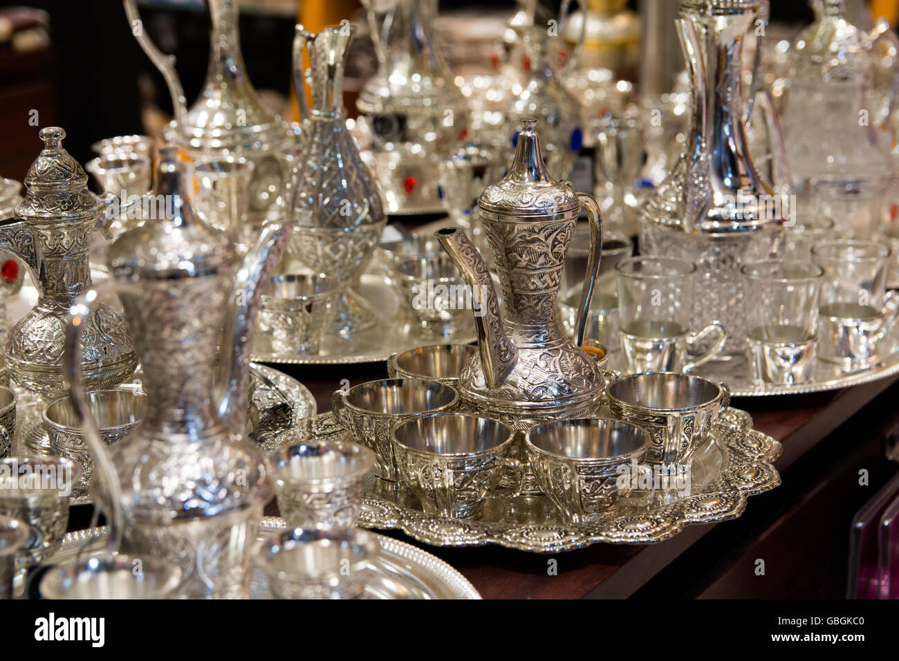 High Angle View Of Arabic Traditional Silverware On Table Stock Photo ...