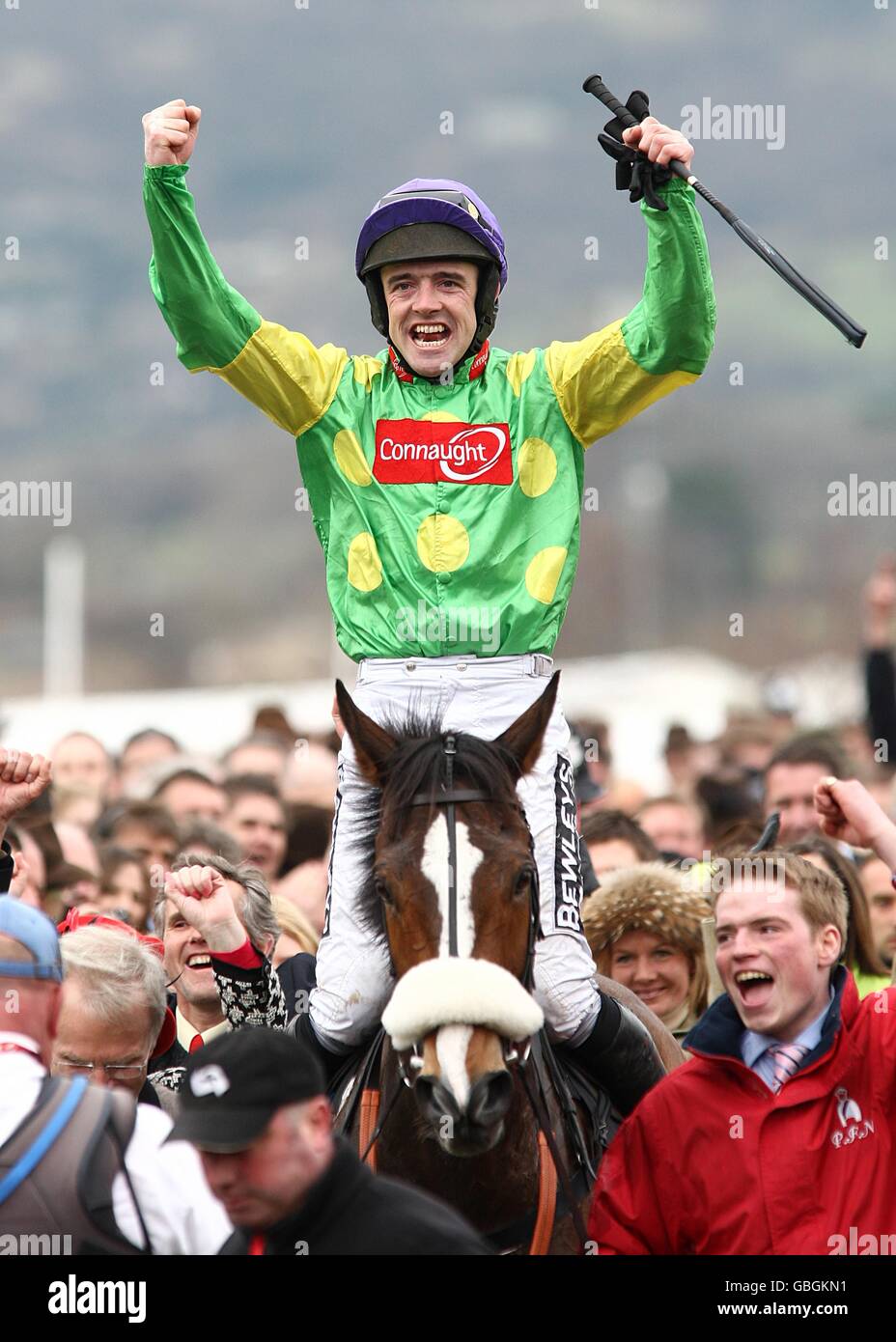 Winning Jockey Ruby Walsh celebrates on Kauto Star after winning the ...