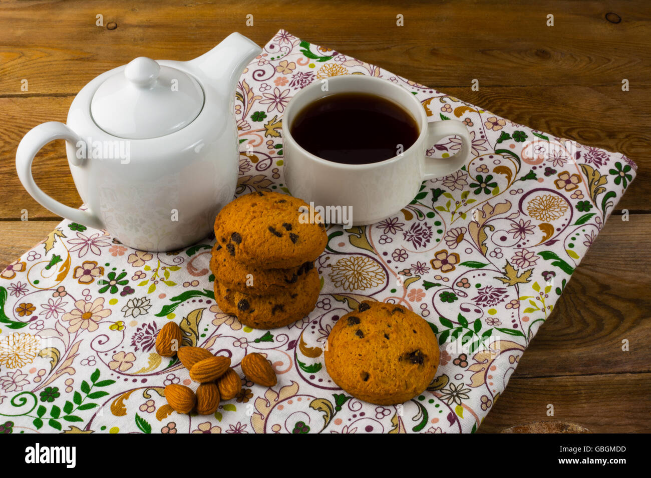 Cookies, almond and tea. Tea time. Homemade cookies. Sweet dessert ...