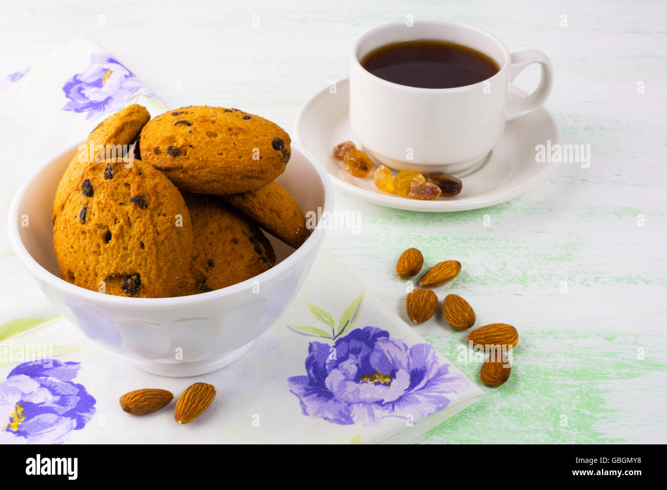 Homemade cookies, almond and tea. Sweet dessert. Homemade biscuit ...