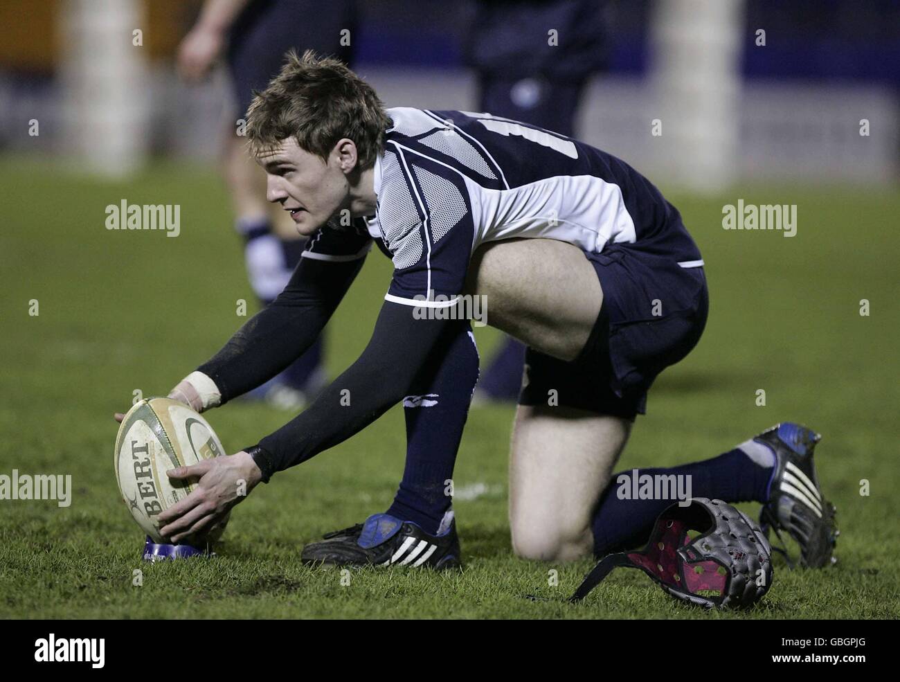 Scotland's Andrew White places the ball before taking a penalty kick ...