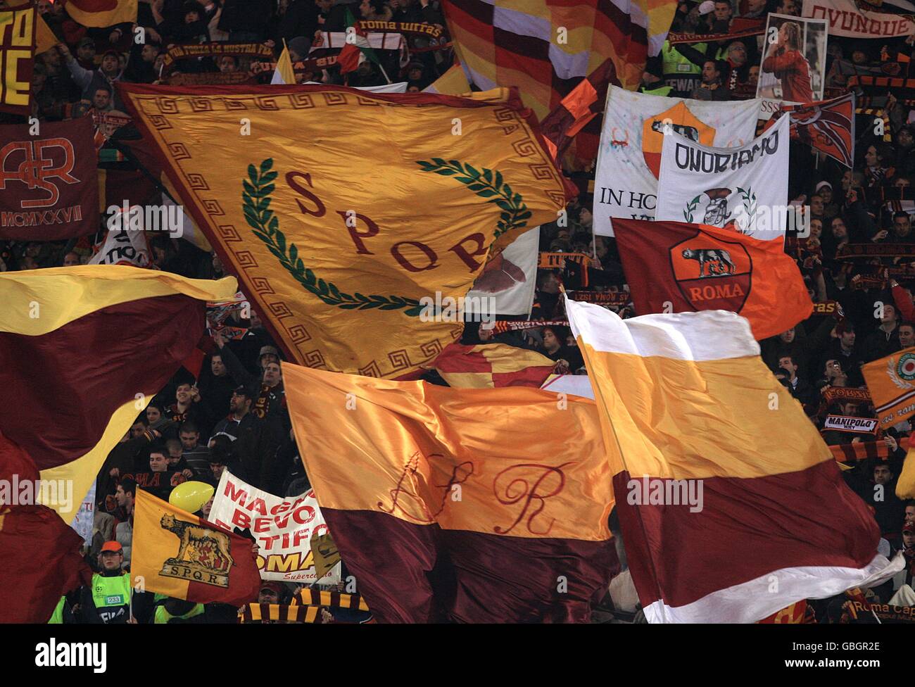 Roma fans in the stands at the stadio olimpico hi-res stock photography ...