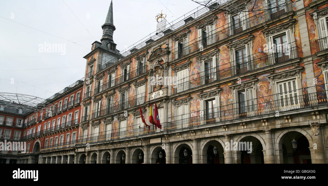 Decorated facade in a building of Plaza Mayor, a large square and ...