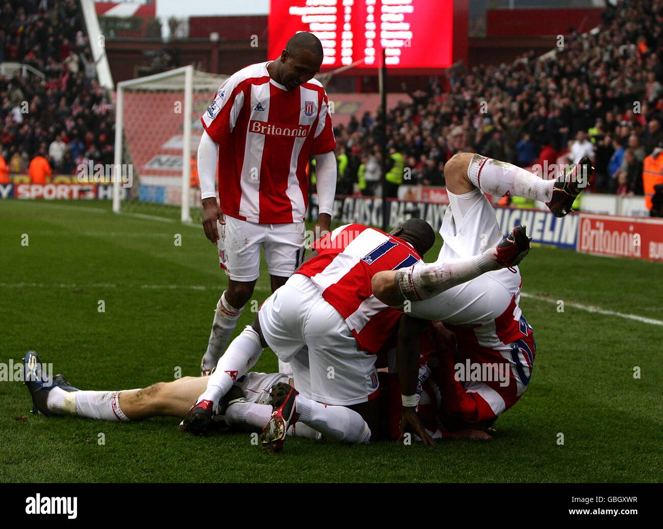 Stoke citys ryan shawcross celebrates scoring hi-res stock photography ...
