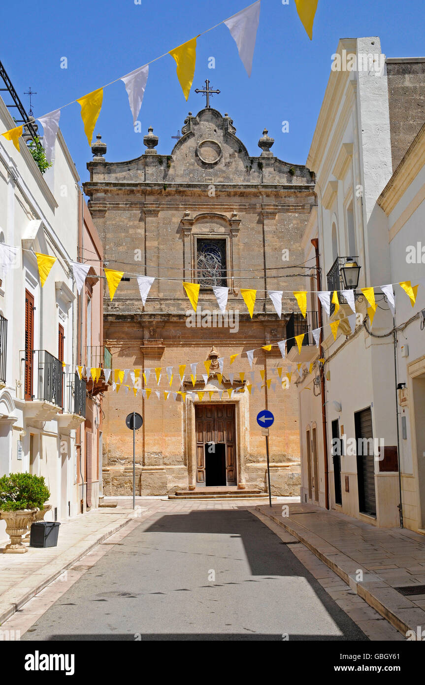 small street, flags, church, Montemesola, Tarent Province, Taranto ...