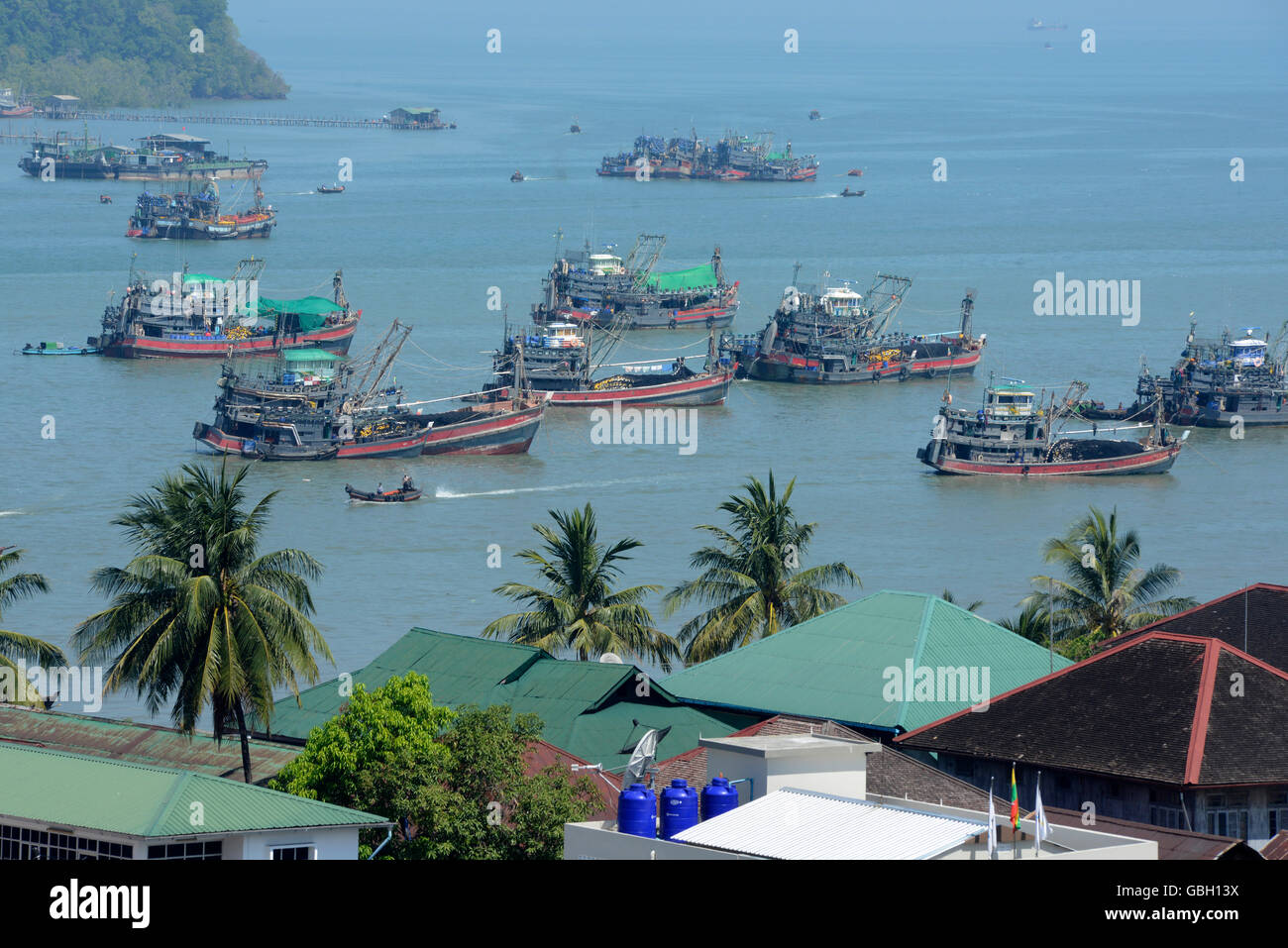 the harbour at the city of Myeik in the south in Myanmar in ...