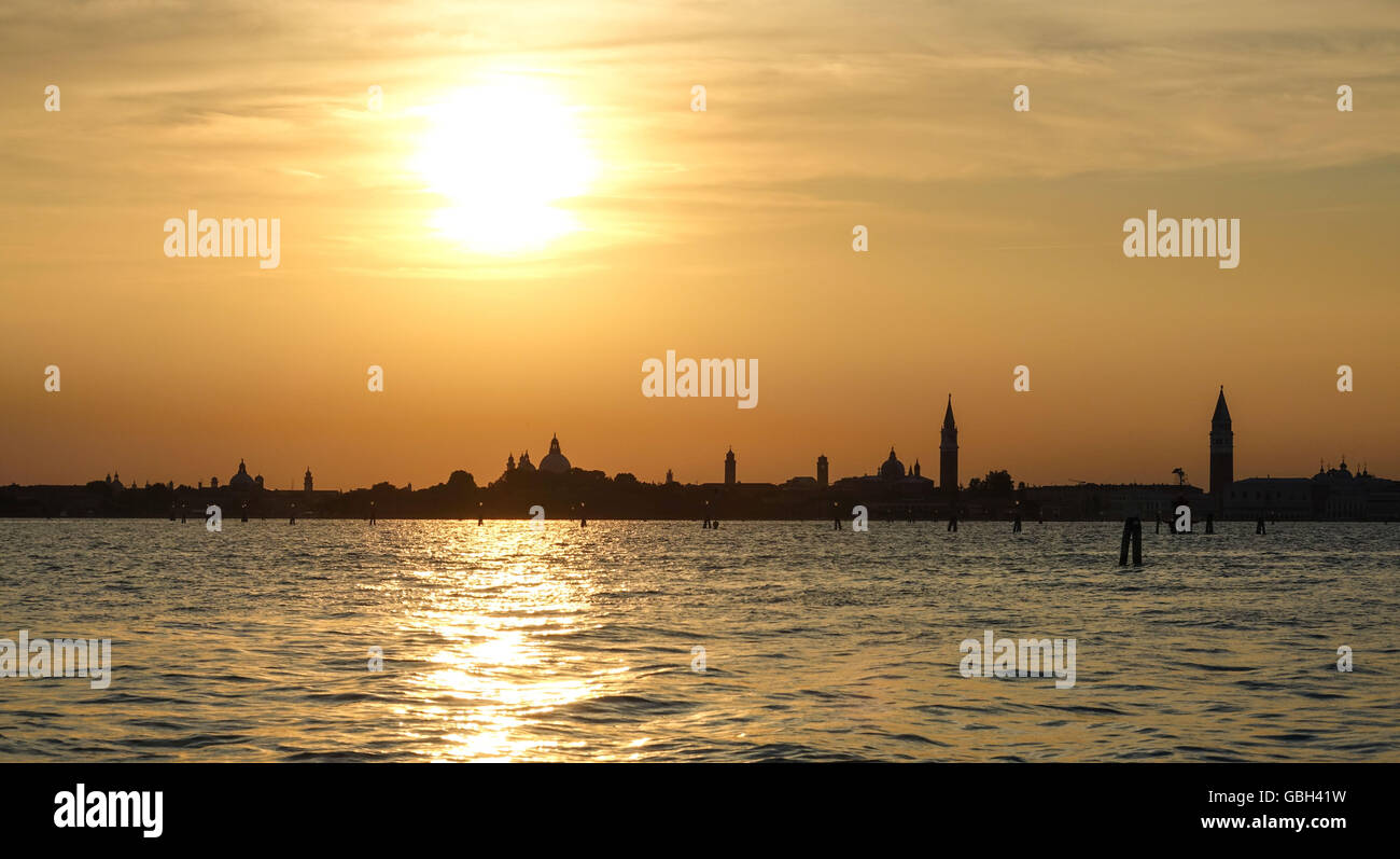 Wonderful sunset over the city of Venice - Skyline in the backlight ...