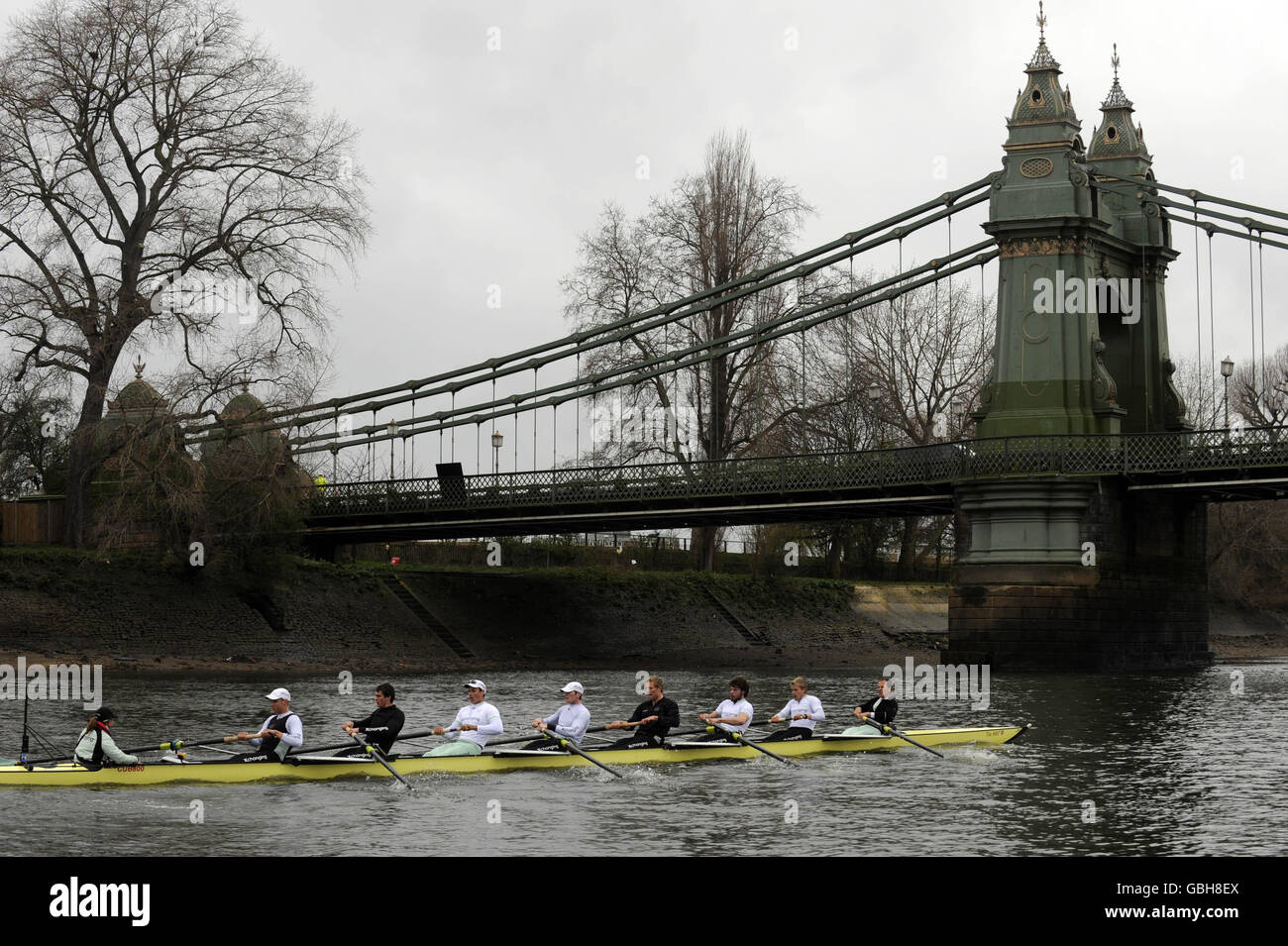 The Cambridge crew at Hammersmith Bridge, practicing for the Boat Race ...