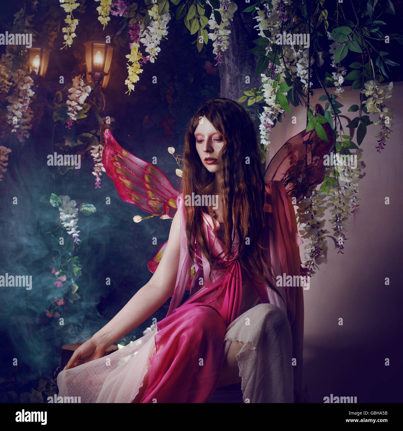 Young beautiful woman in the image of fairies, magic dark forest Stock ...