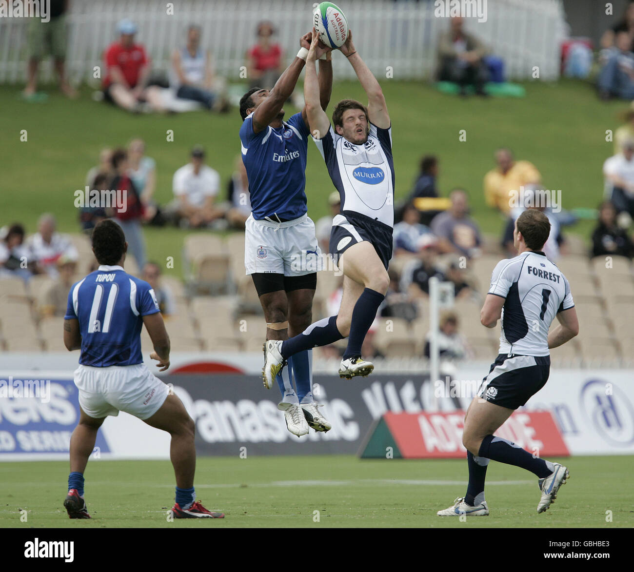 Scotland's Andrew Easson jumps for the ball off a kick off Stock Photo ...