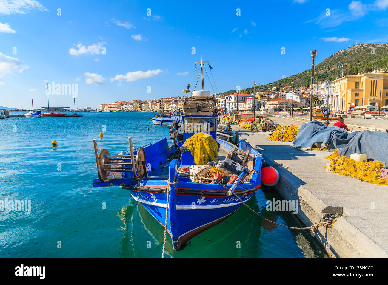 SAMOS PORT, GREECE - SEP 24, 2015: Traditional Greek fishing boatS in ...