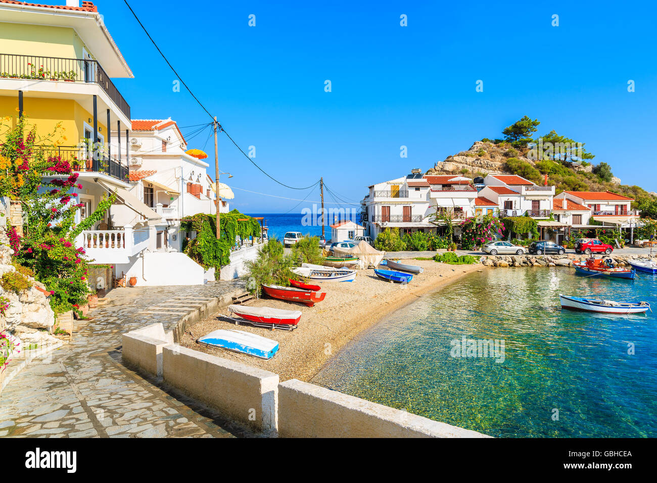 A view of Kokkari fishing village with beautiful beach, Samos island ...