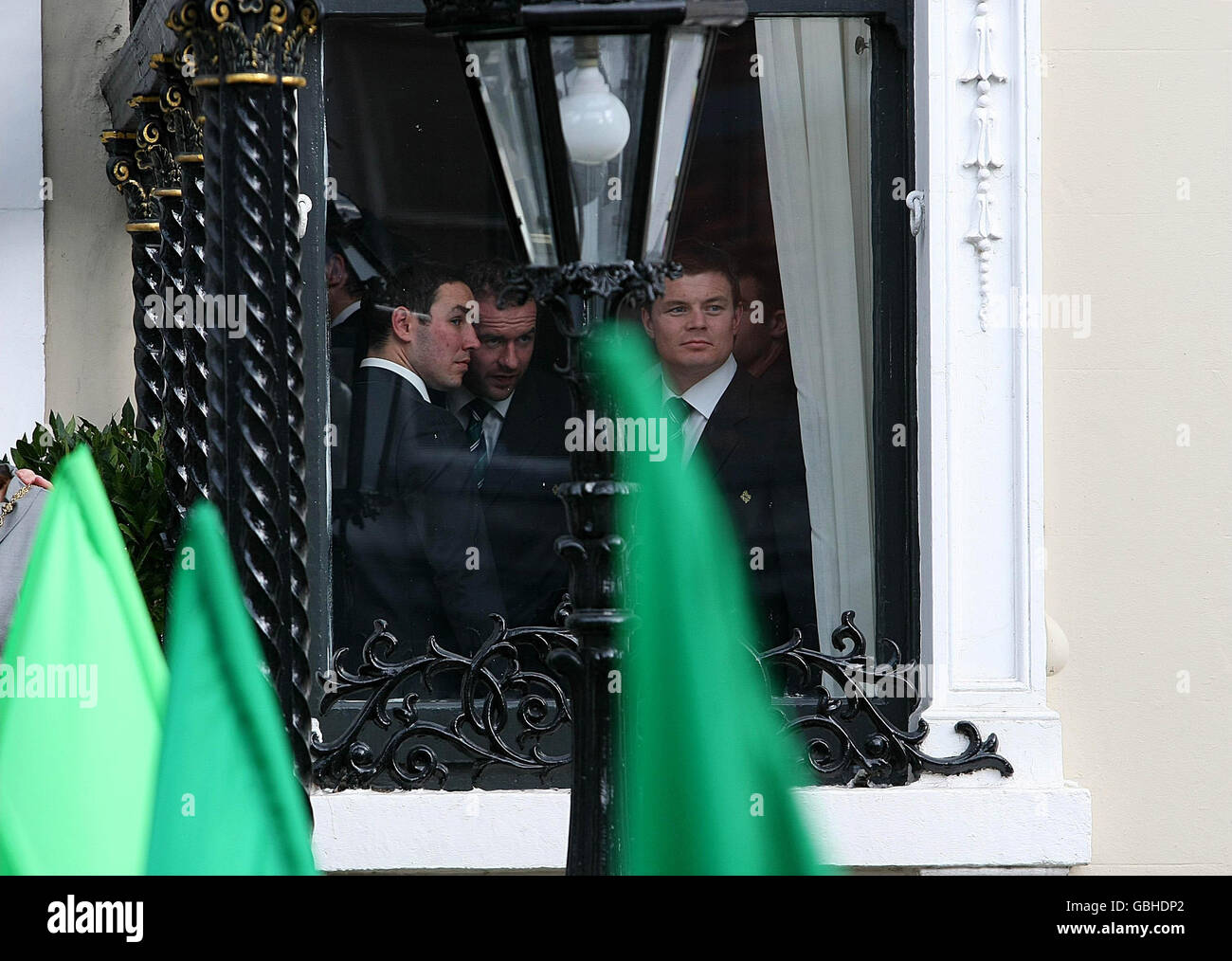 Ireland's Paddy Wallace, Gordan D'Arcy and Brian O Driscoll look out ...