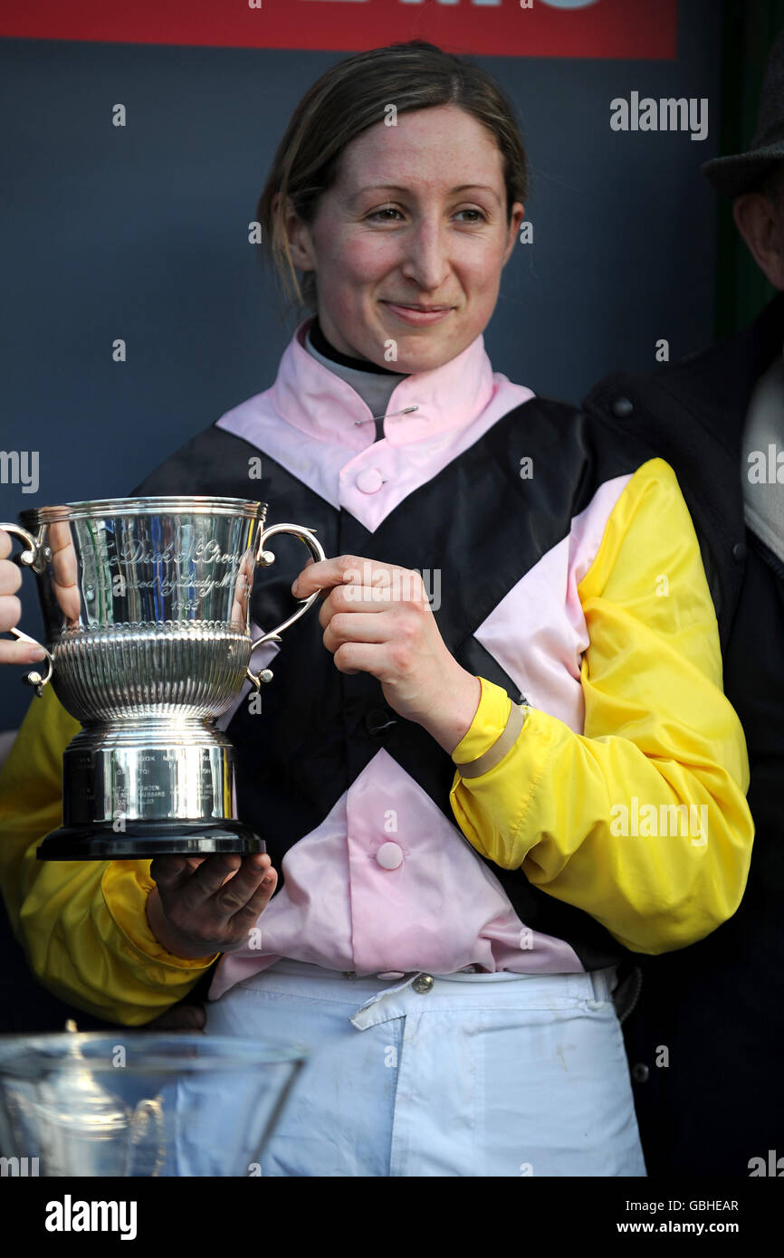 Jockey Sally Randell with her trophy after winning the Grand Military ...