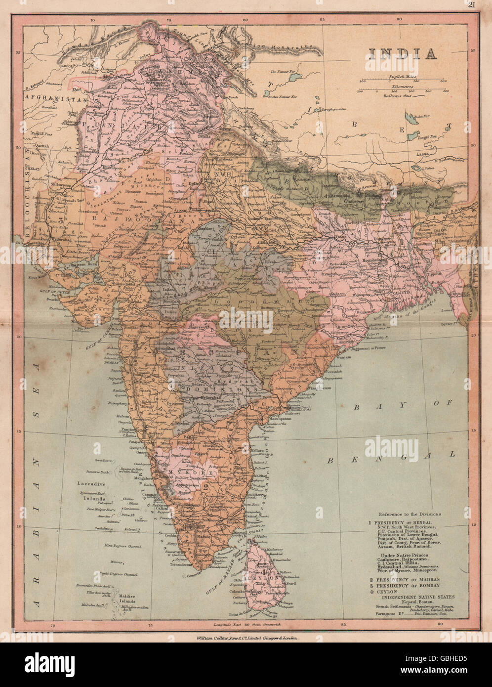 BRITISH INDIA: Showing states, French & Portuguese settlements. COLLINS ...