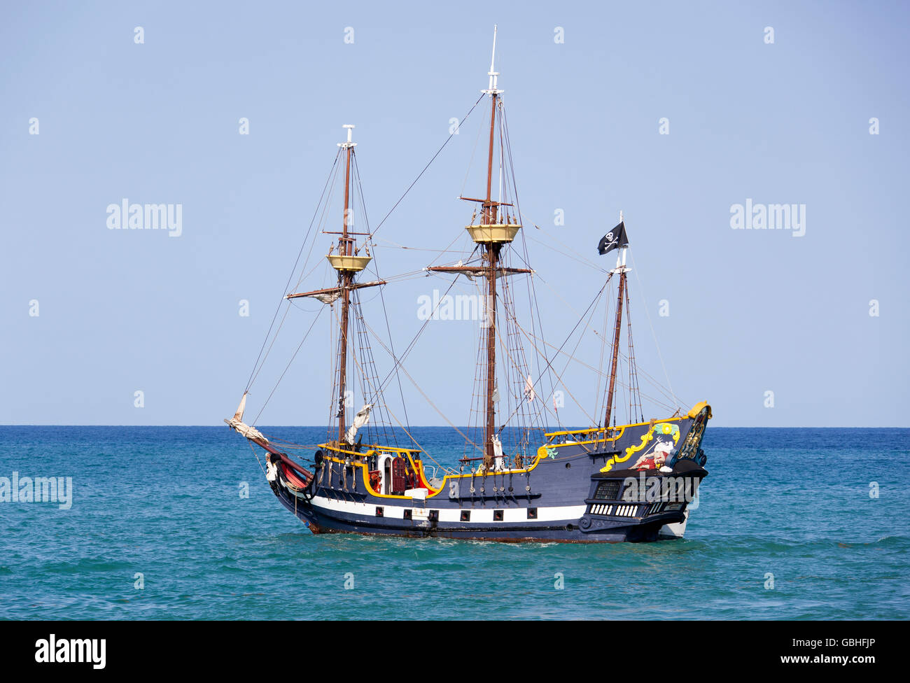 The Replica Of A Pirate Ship Drifting Near Cozumel Island Mexico Stock
