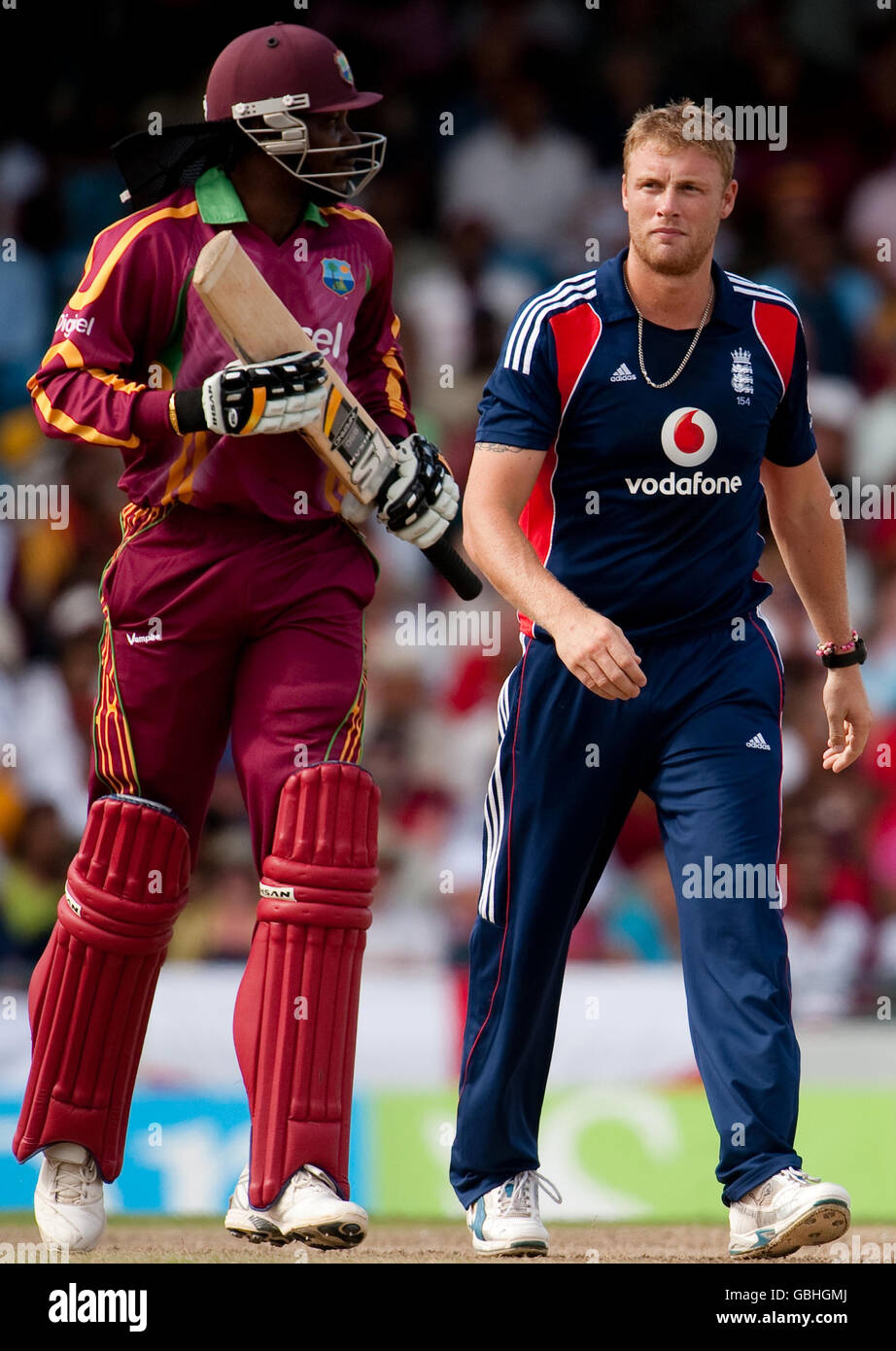 England's Andrew Flintoff looks at West Indies' Chris Gayle during the ...