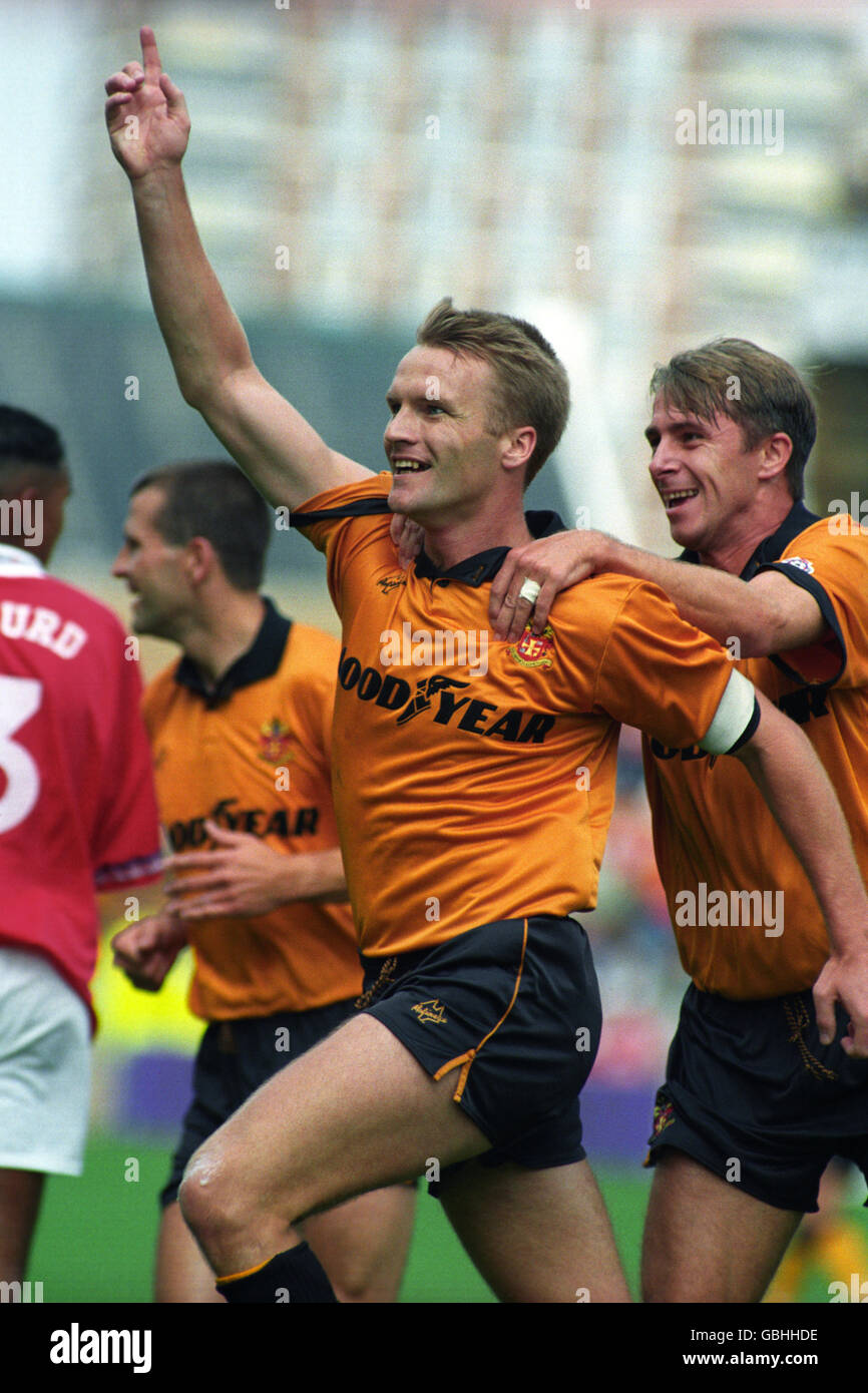 SOCCER. Geoff Thomas and David Kelly celebrate, Wolverhampton Wanderers ...