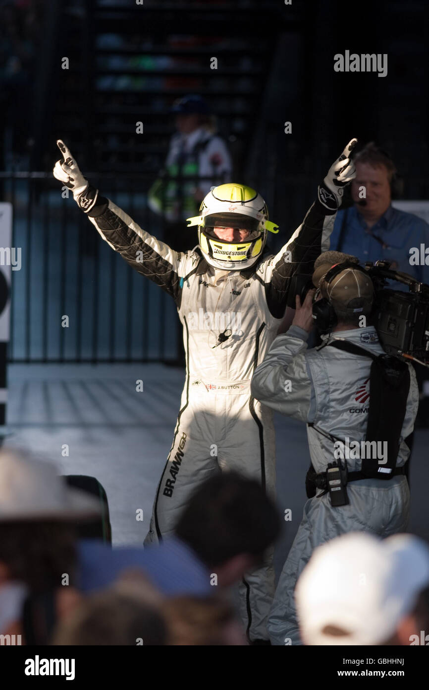 Brawn GP's Jenson Button celebrates winning the Australian Grand Prix ...