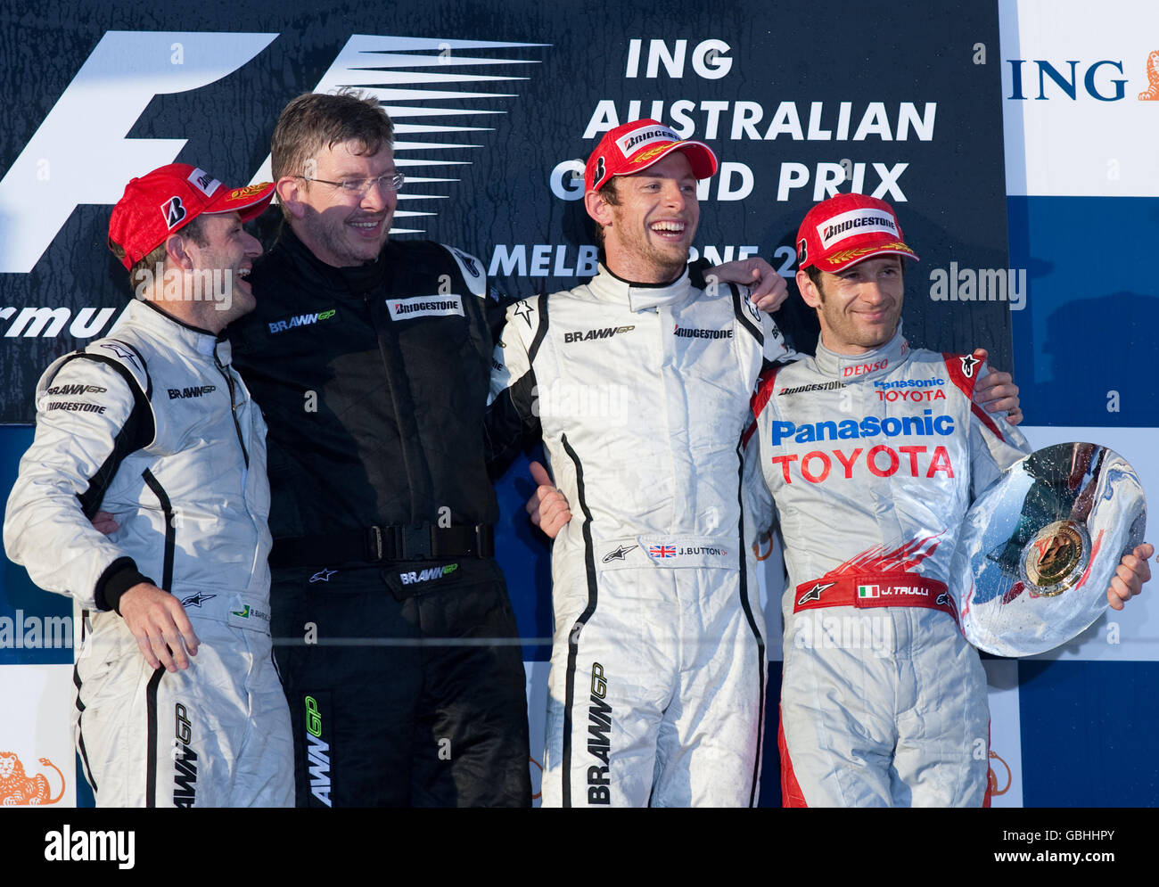 Brawn GP's Jenson Button celebrates winning the Australian Grand Prix ...