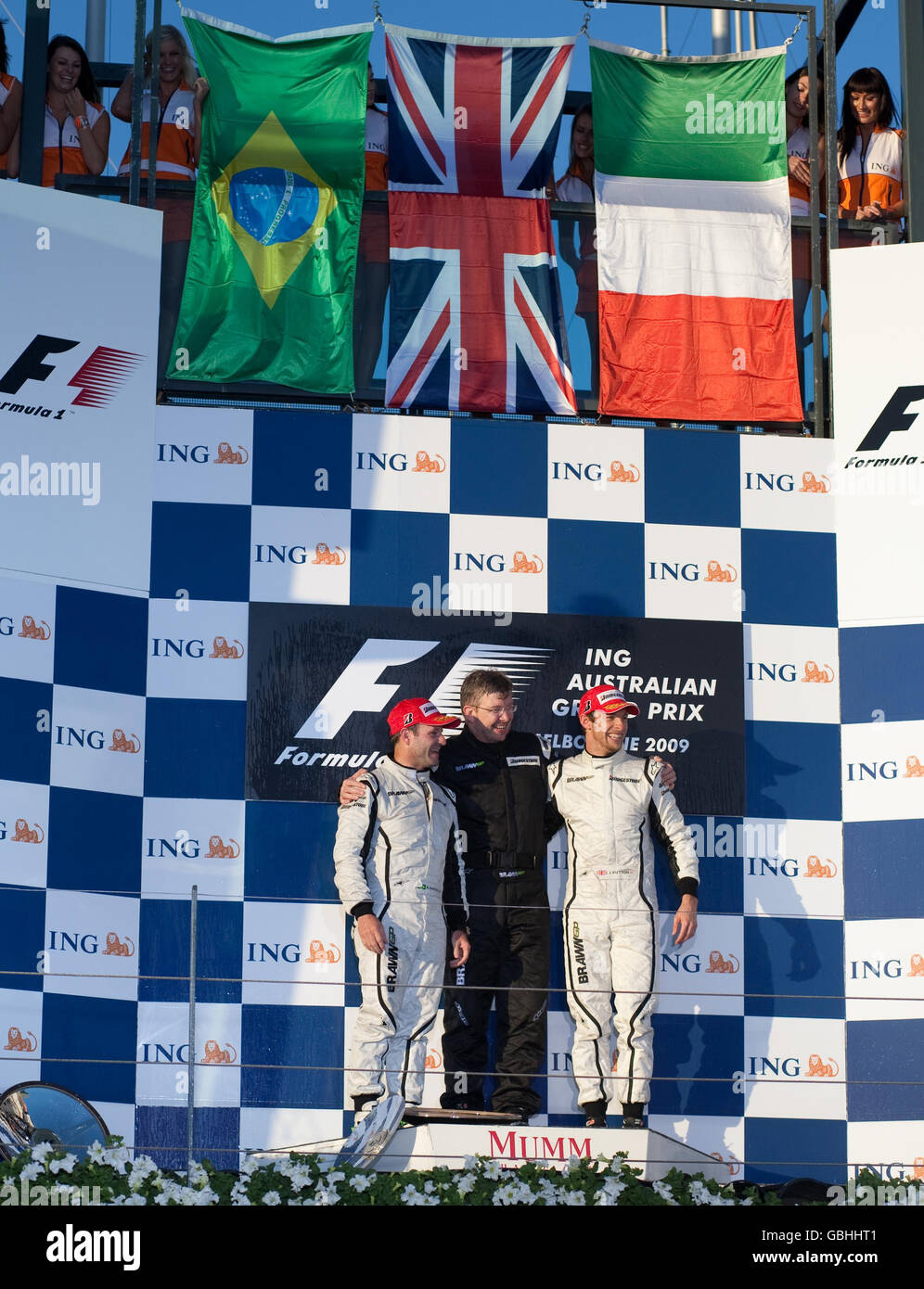 Brawn GP's Jenson Button celebrates winning the Australian Grand Prix ...