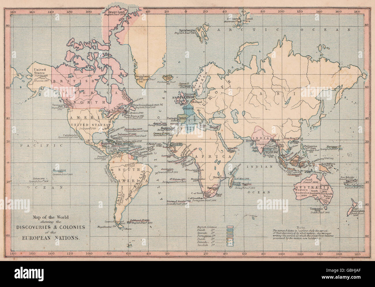 WORLD: Dates of European discovery & colonisation. COLLINS, 1880 ...