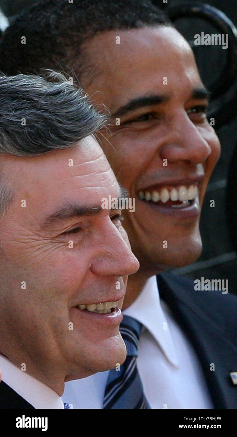 British Prime Minster Gordon Brown greets US President Barack Obama, as ...