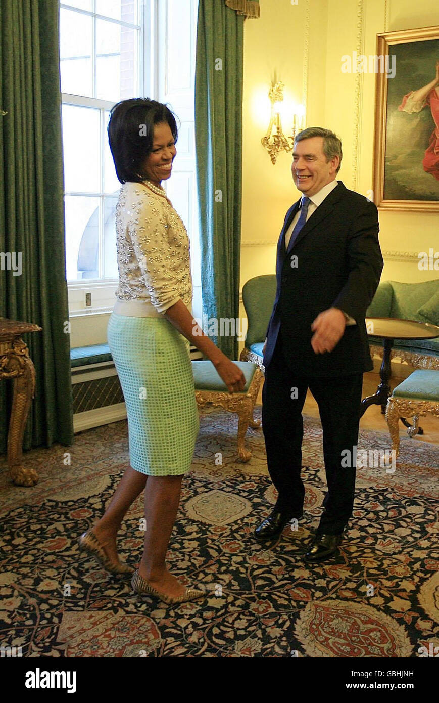 First Lady Michelle Obama talks to British Prime Minister Gordon Brown ...