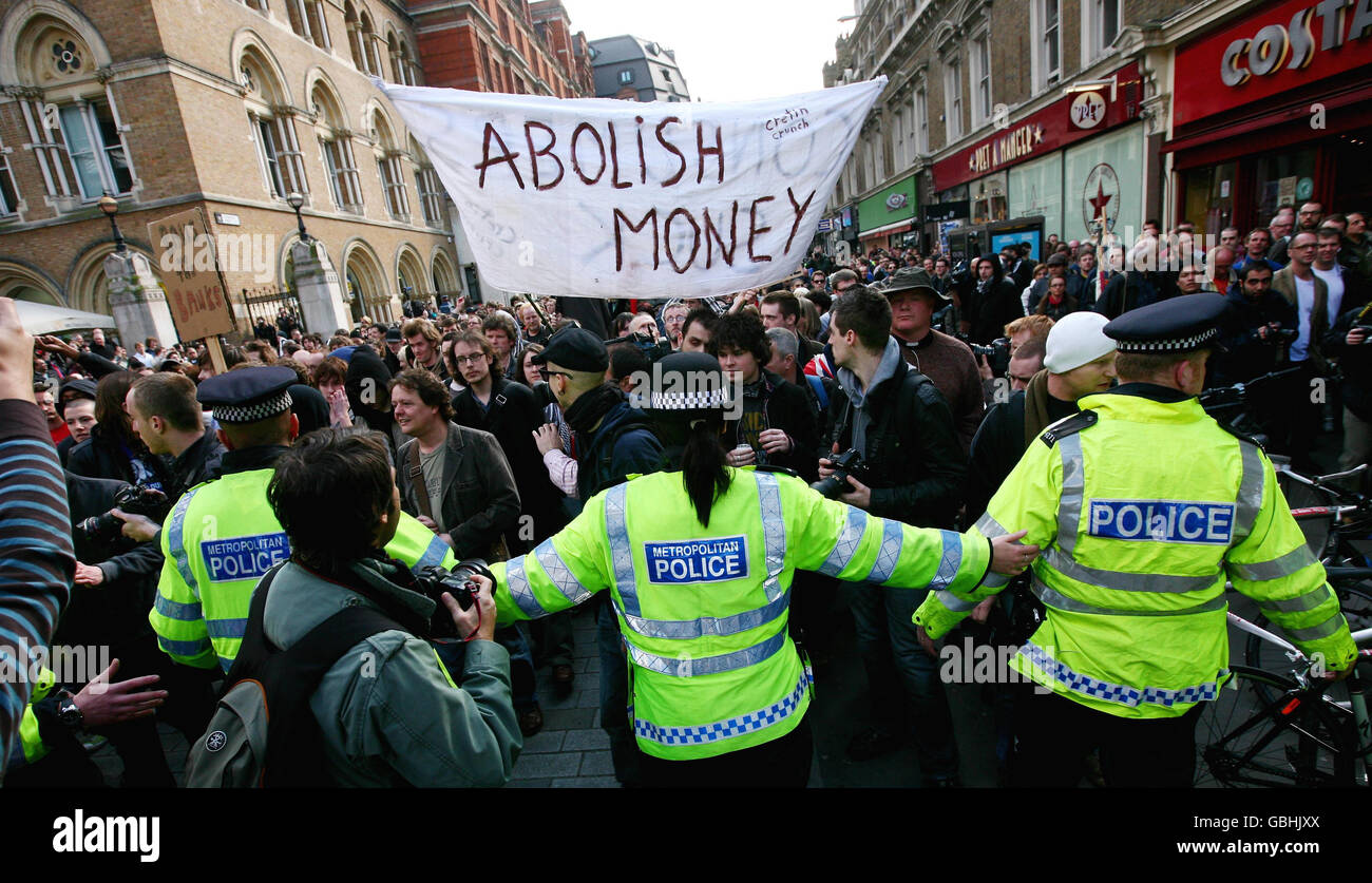 Protesters outside the Bank of England, during the G20 protests in the ...