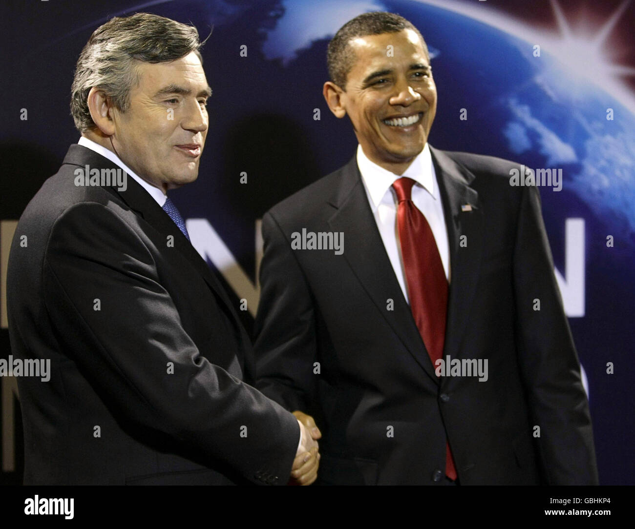 Britain's Prime Minister Gordon Brown greets US President Barack Obama ...