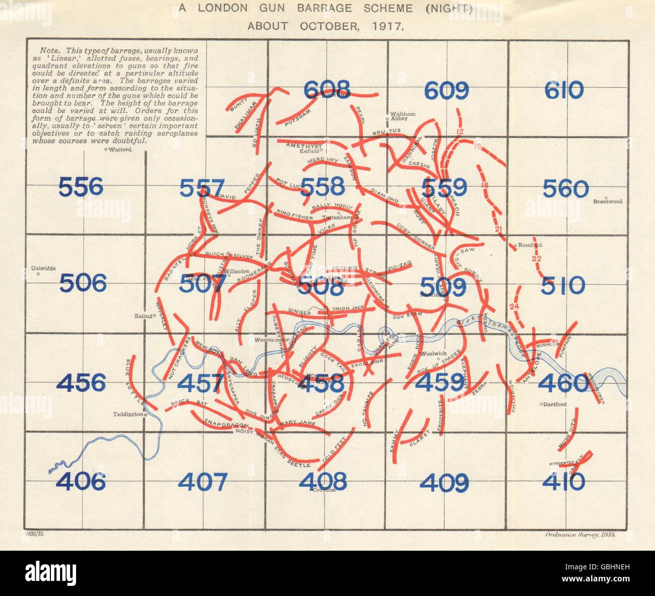 FIRST WORLD WAR: A London Gun barrage scheme (Night) October 1917, 1935 ...