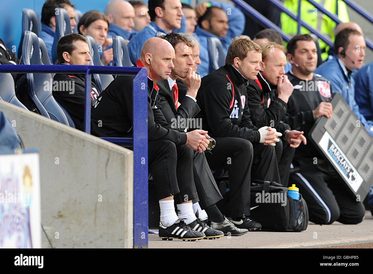 Middlesbrough manager Gareth Southgate (centre) sat on the bench after ...