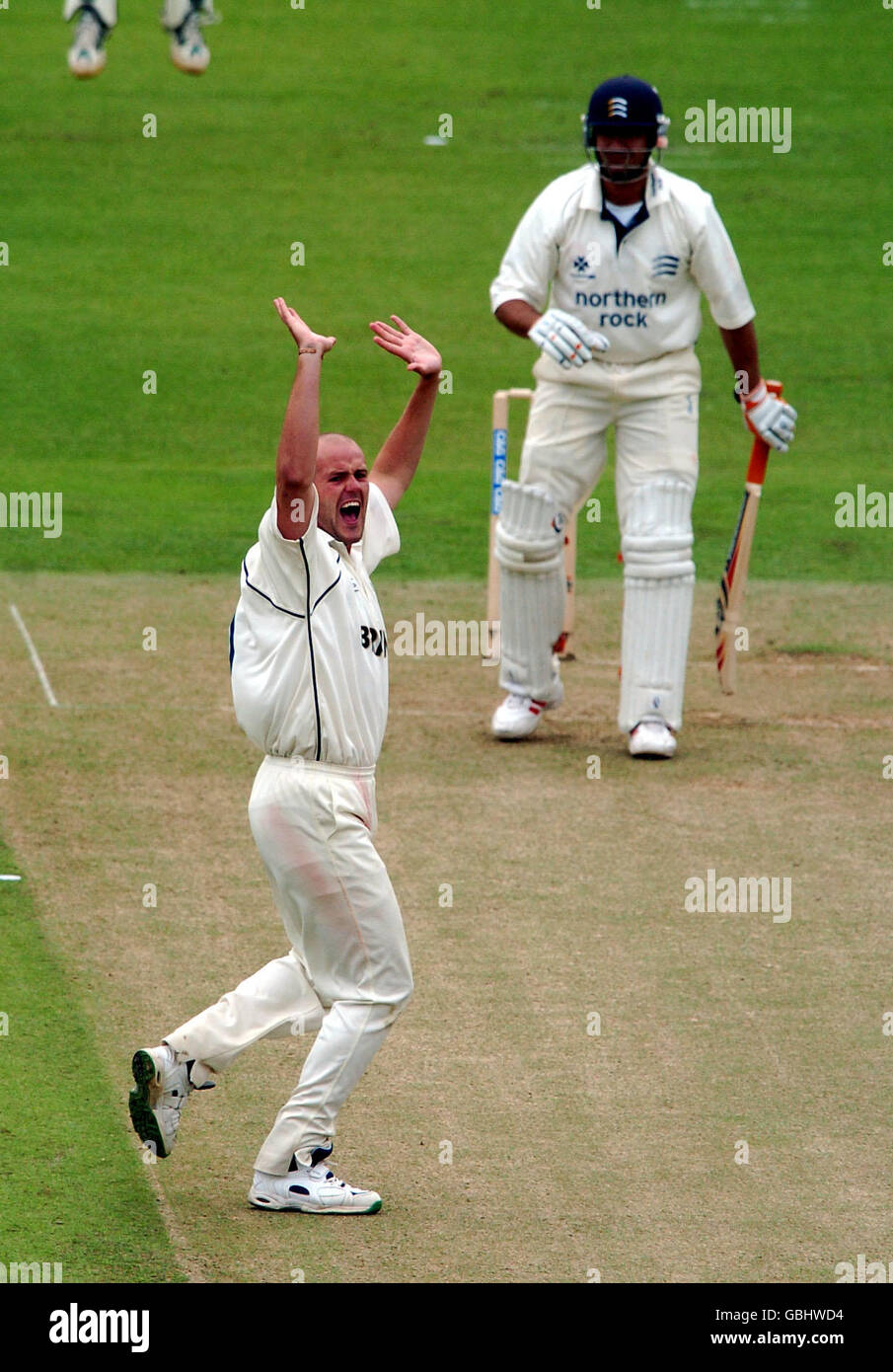 Glamorgan's David Harrison appeals for the wicket of Middlesex's Owais ...