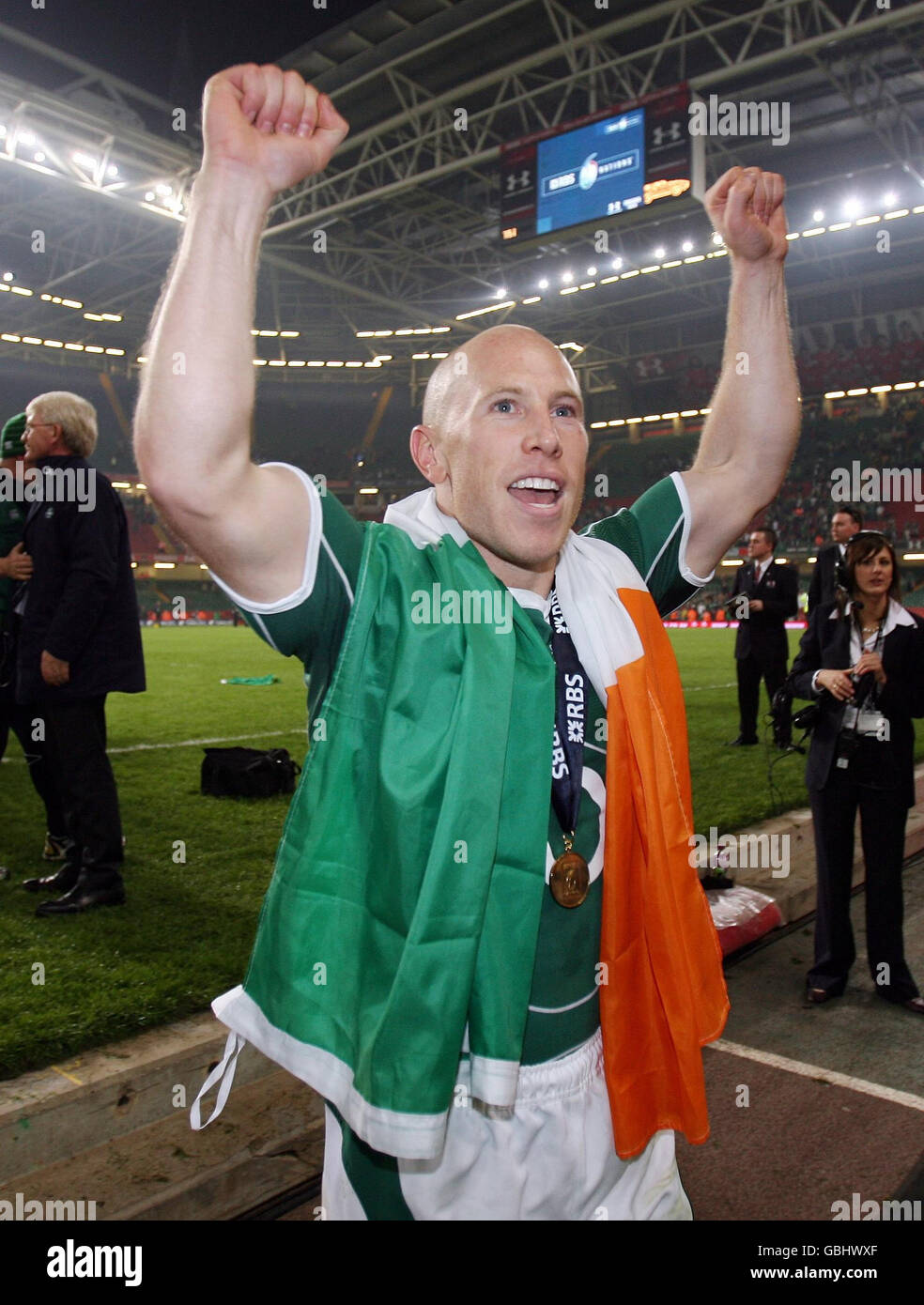 Ireland's Peter Stringer celebrates their victory over Wales during the ...