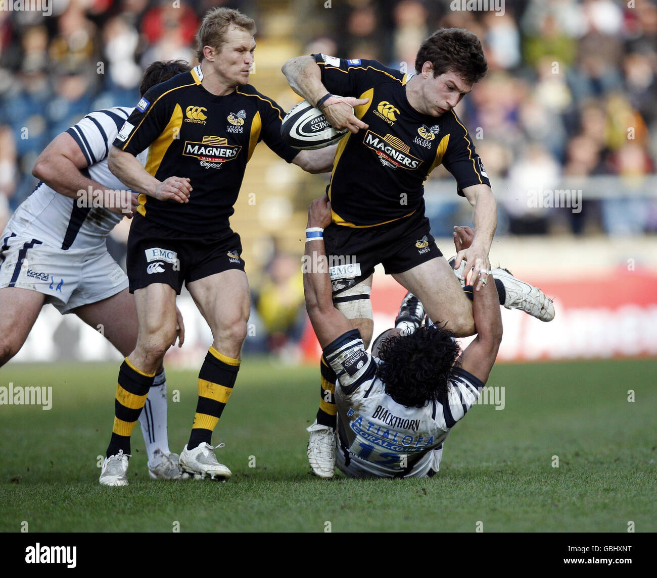 Rugbyu wasps rugbyu wasps full length tackling mangsm hi-res stock ...
