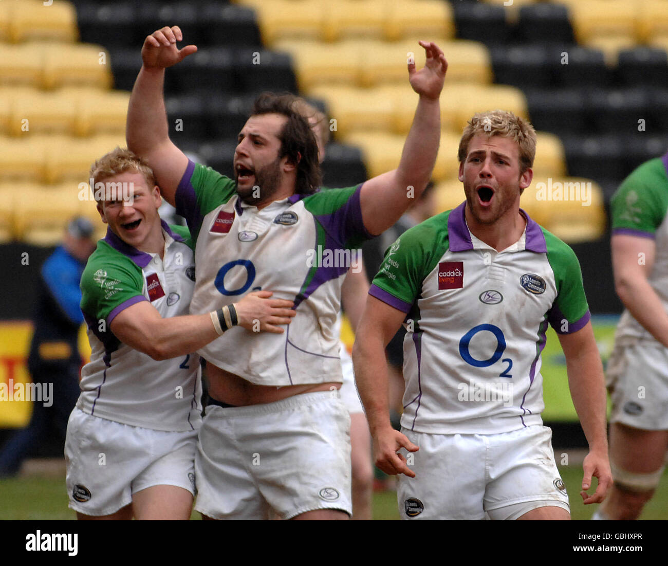 Leeds Carnegie's Tom Biggs (left) Juan Gomez (centre) and Rob Vickerman ...