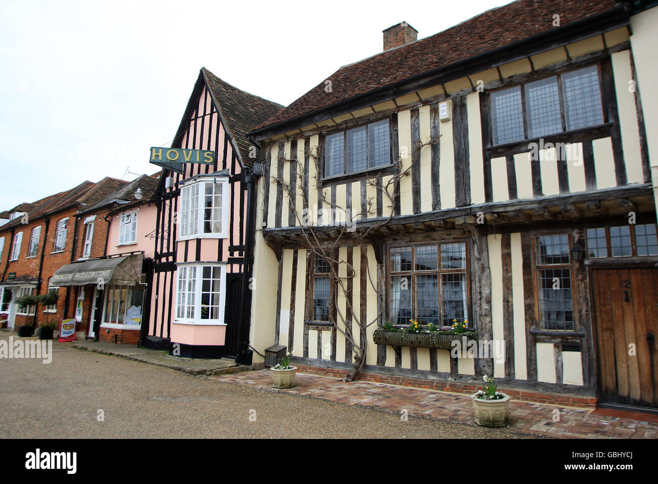 General view of old timber framed buildings in Lavenham Village ...