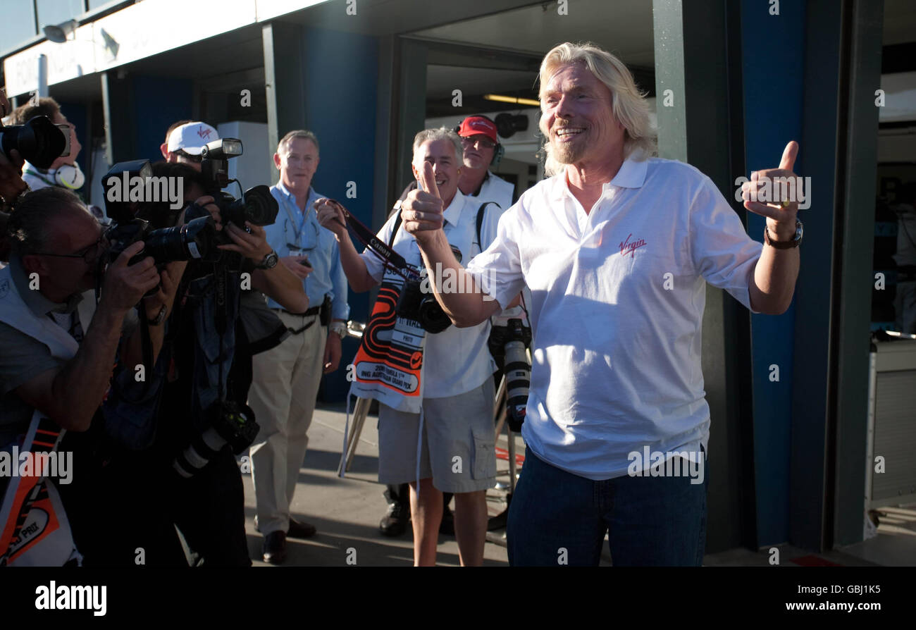 Sir Richard Branson celebrates Brawn GP's pole position during the ...